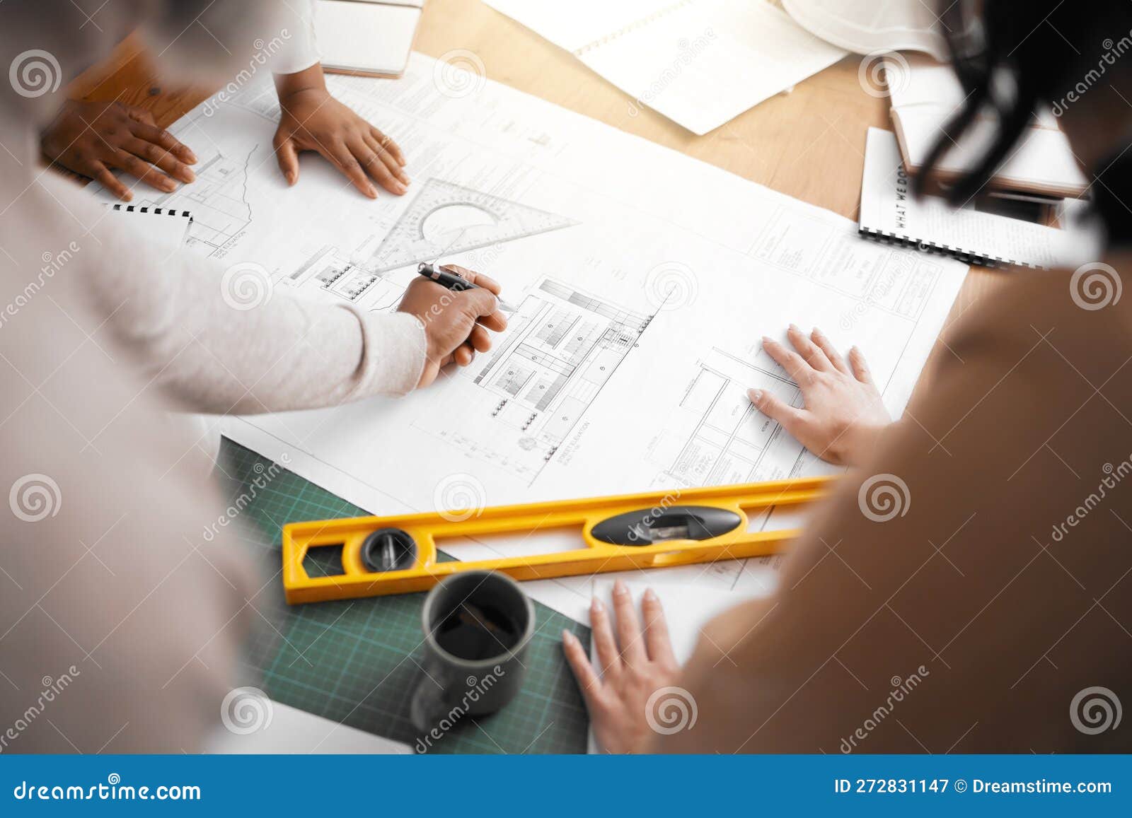 Hands, Collaboration and Construction with a Building Team Working in ...