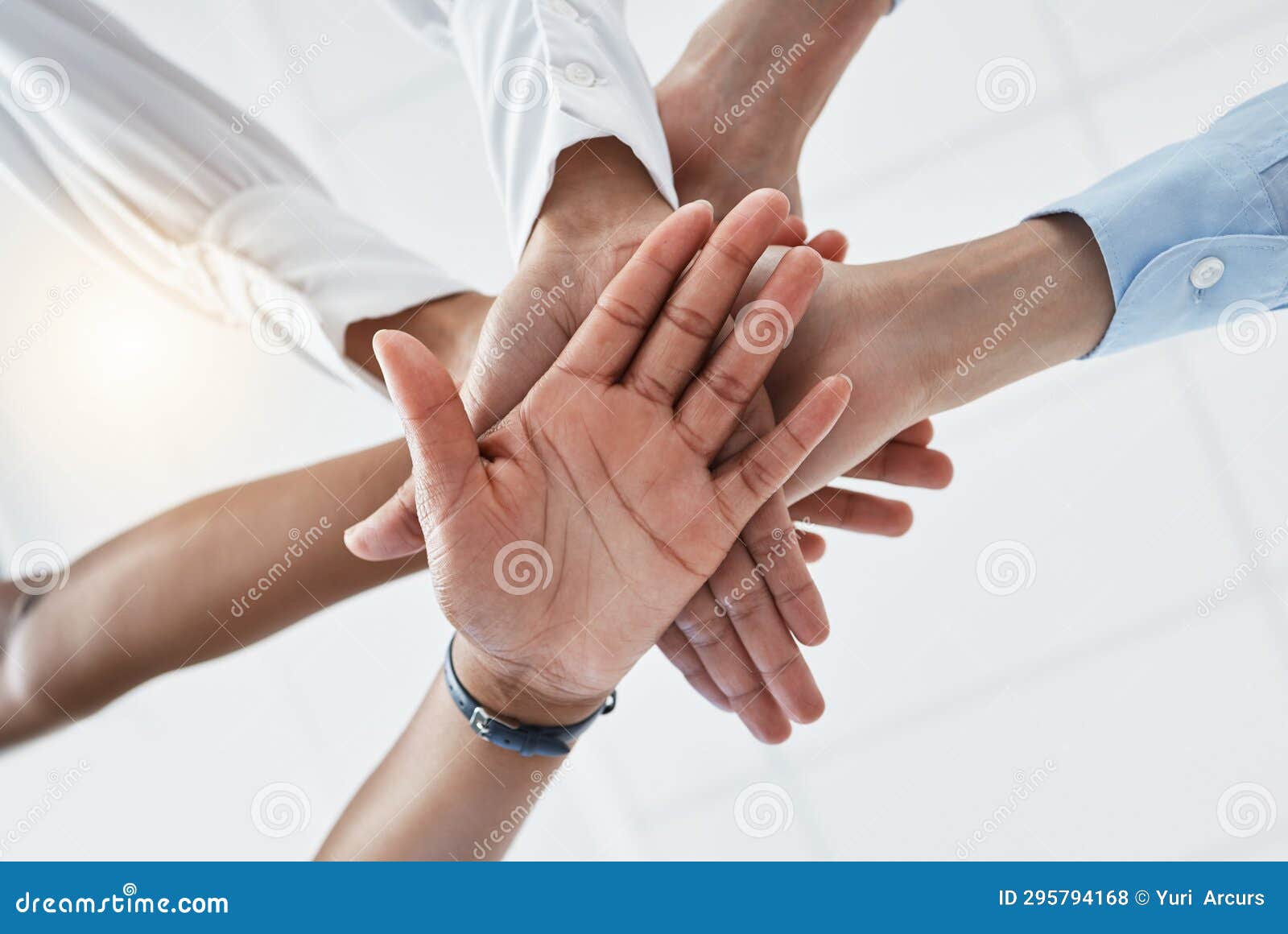 Hands, Collaboration and Motivation with a Team in Business Standing in ...