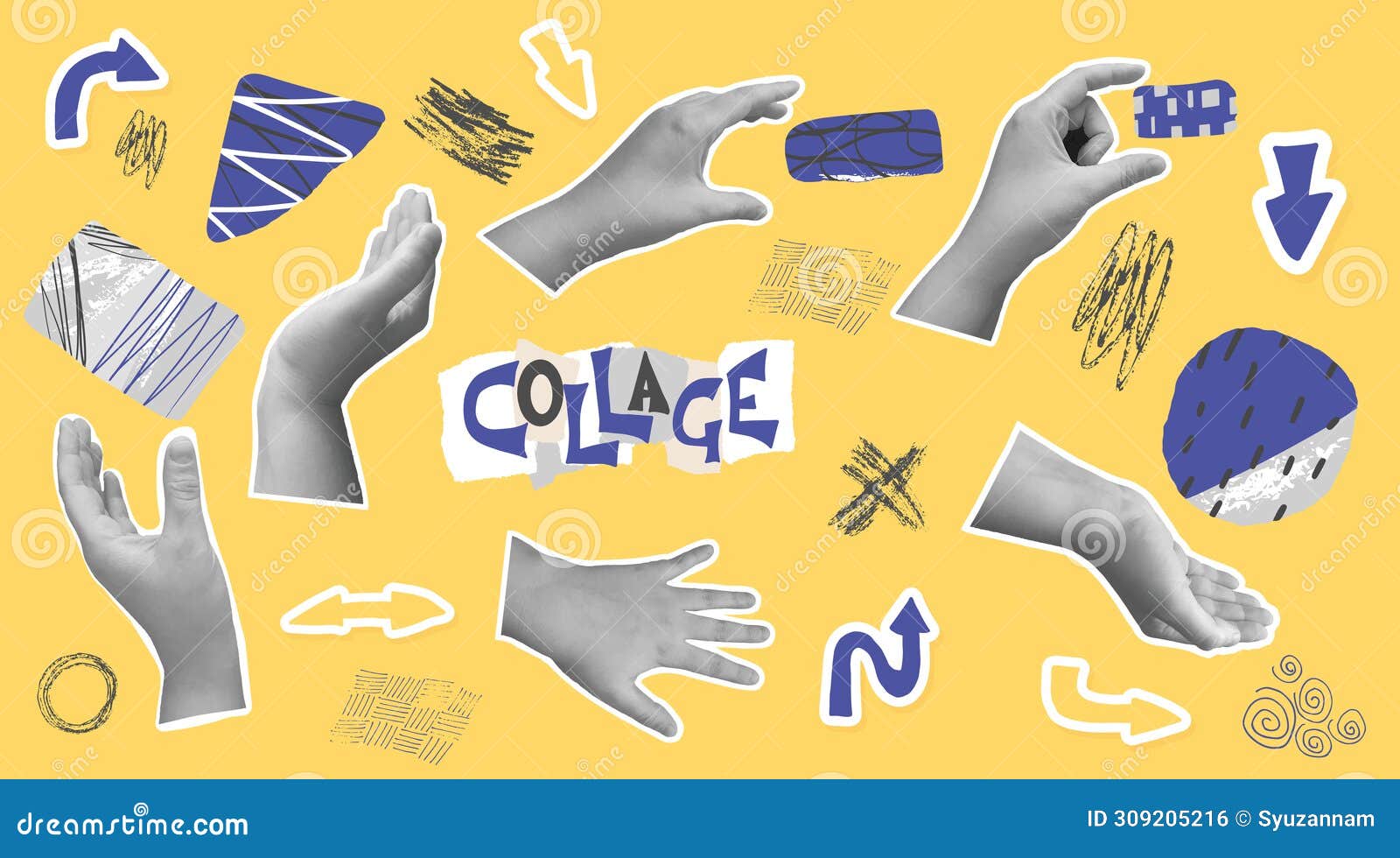 Hands Collage Set. Modern Retro Palms Elements with Arrow Abstract ...