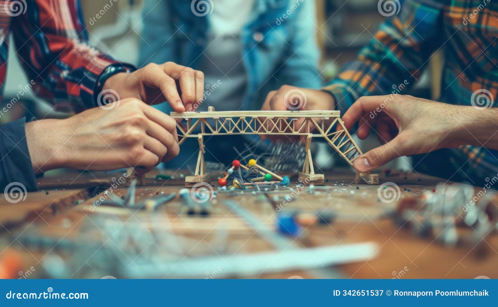 Hands Collectively Building a Miniature Bridge with Tiny Construction ...
