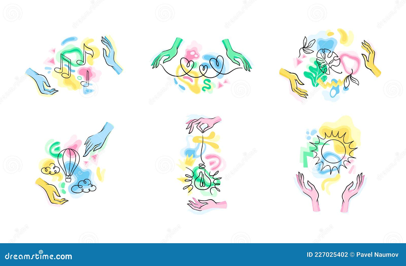 Hands with Colorful Shapes and Contour Objects Vector Set Stock Vector ...