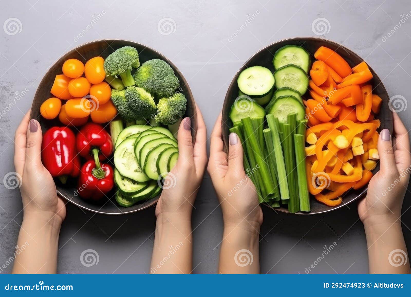 Hands Comparing Veggies before and after Skewering Stock Image - Image ...