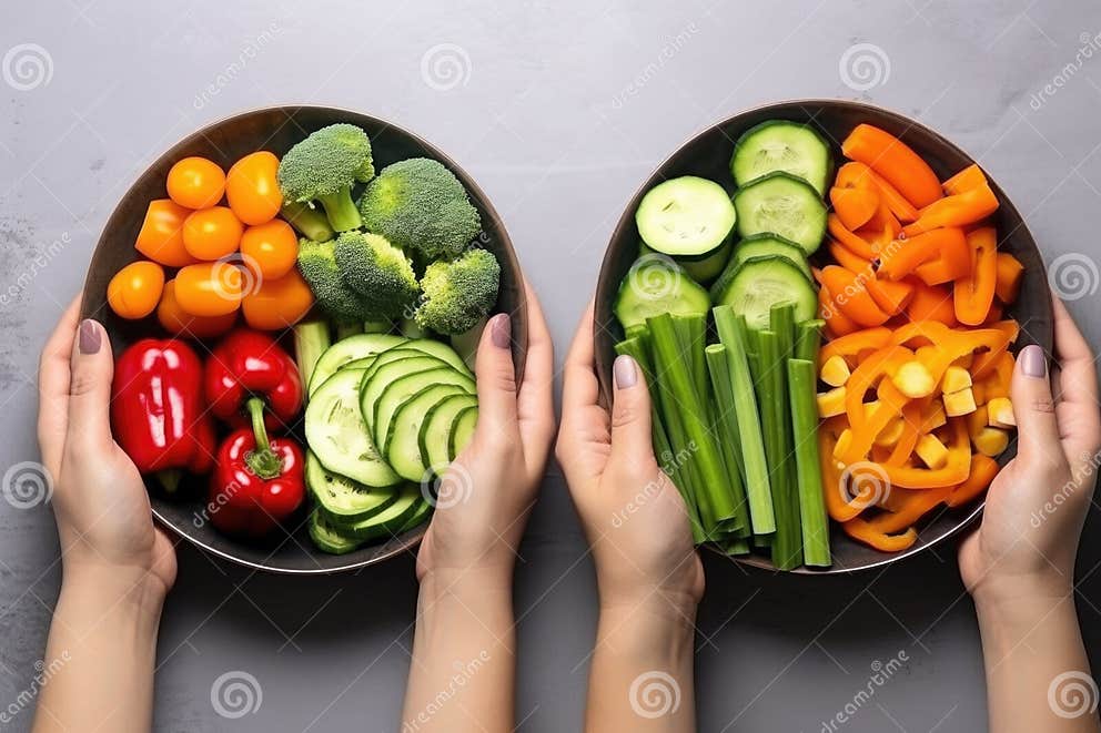Hands Comparing Veggies before and after Skewering Stock Image - Image ...