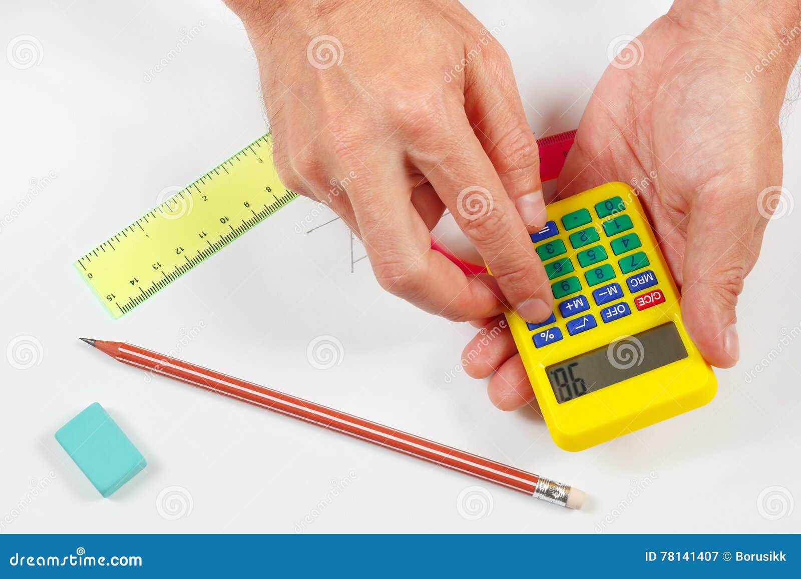 Hands Compute Using a Digital Calculator Over Workplace of the Engineer ...