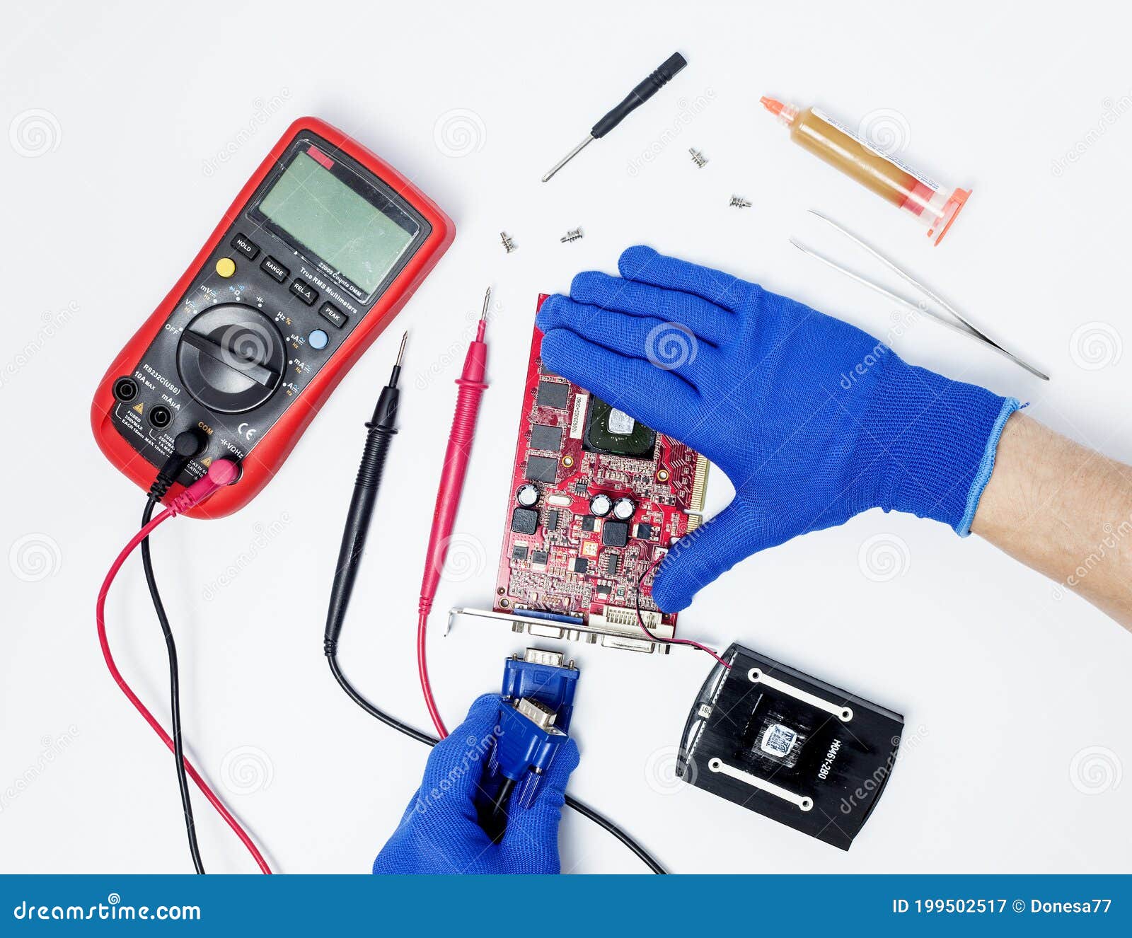 Hands of Computer Engineer Doing HDMI and VGA Cable on the Graphics ...