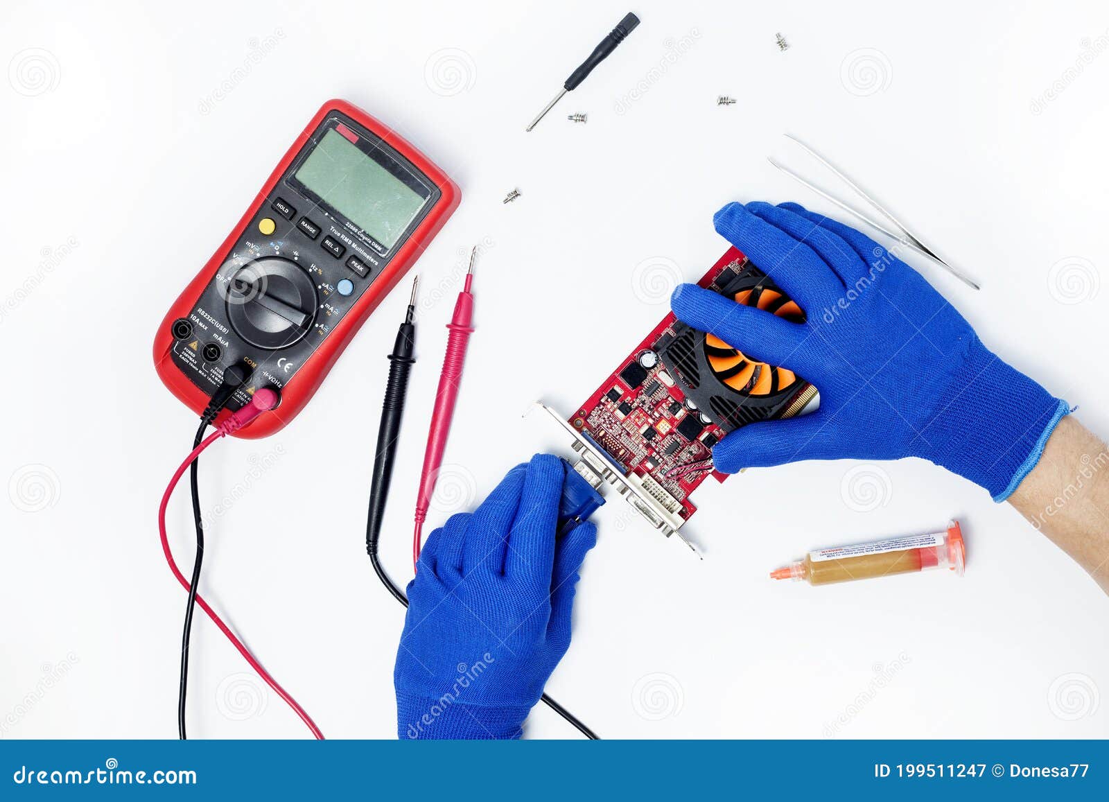 Hands of Computer Engineer Doing HDMI and VGA Cable on the Graphics ...