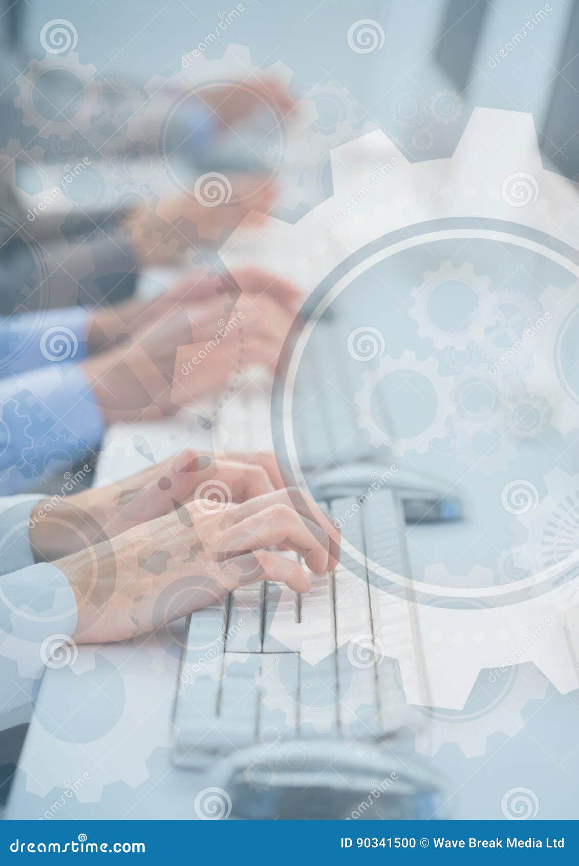Hands at Computers with Gear Graphic Overlay Stock Photo - Image of ...