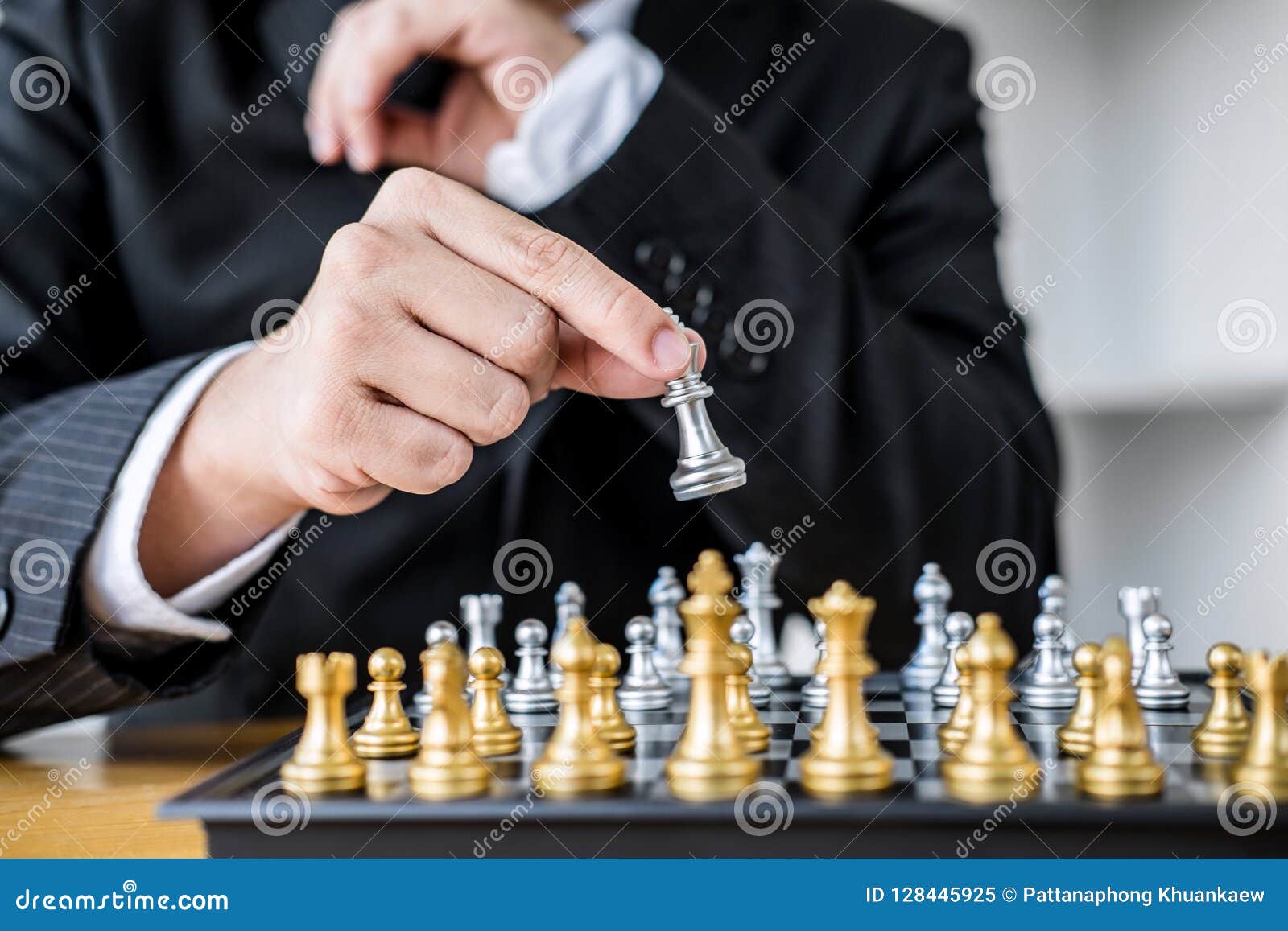 Hands of Confident Businessman Playing Chess Game To Development Stock ...