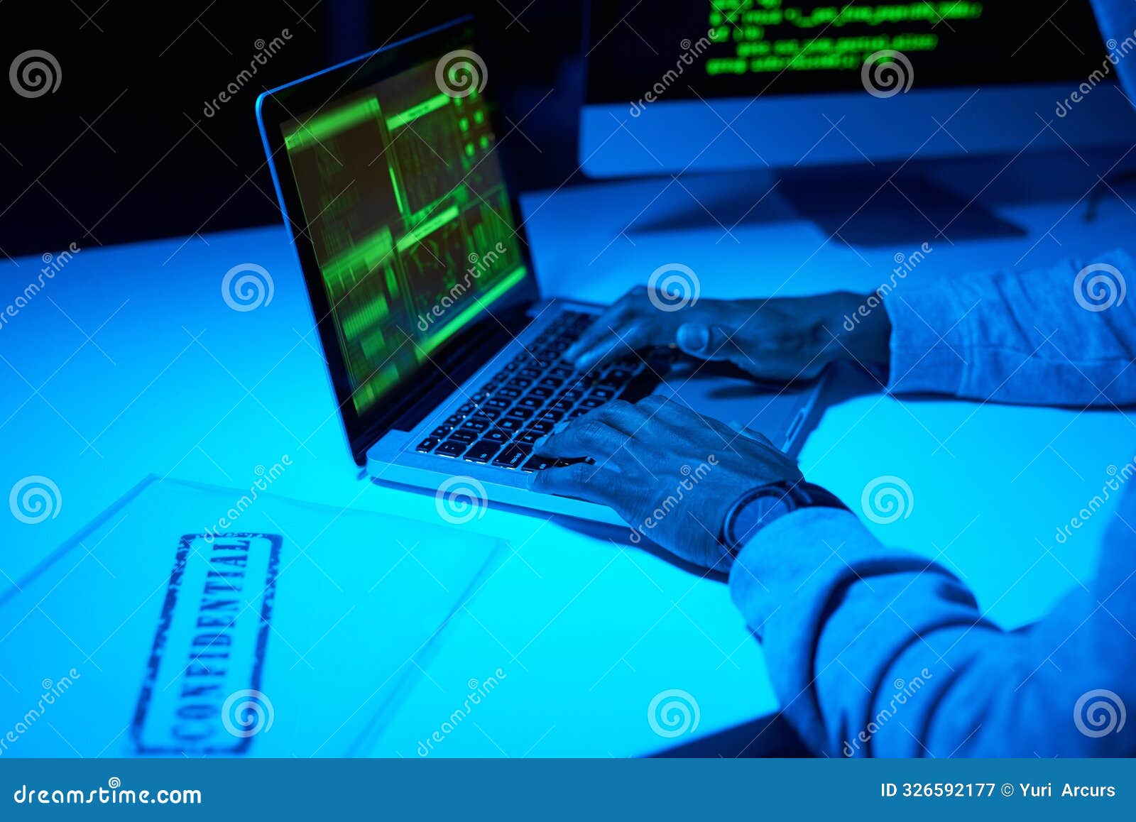 Hands, Confidential or Hacker Stealing on Laptop for Cybercrime Scam ...