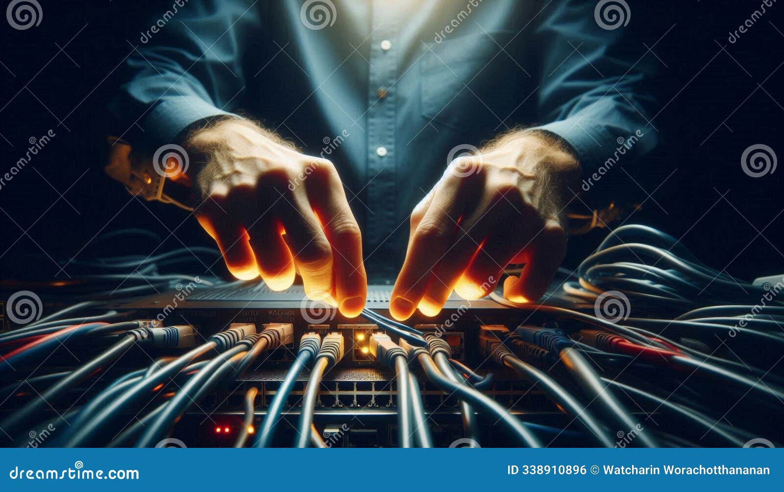 Hands Connecting Cables in Dark Server Room Stock Illustration ...
