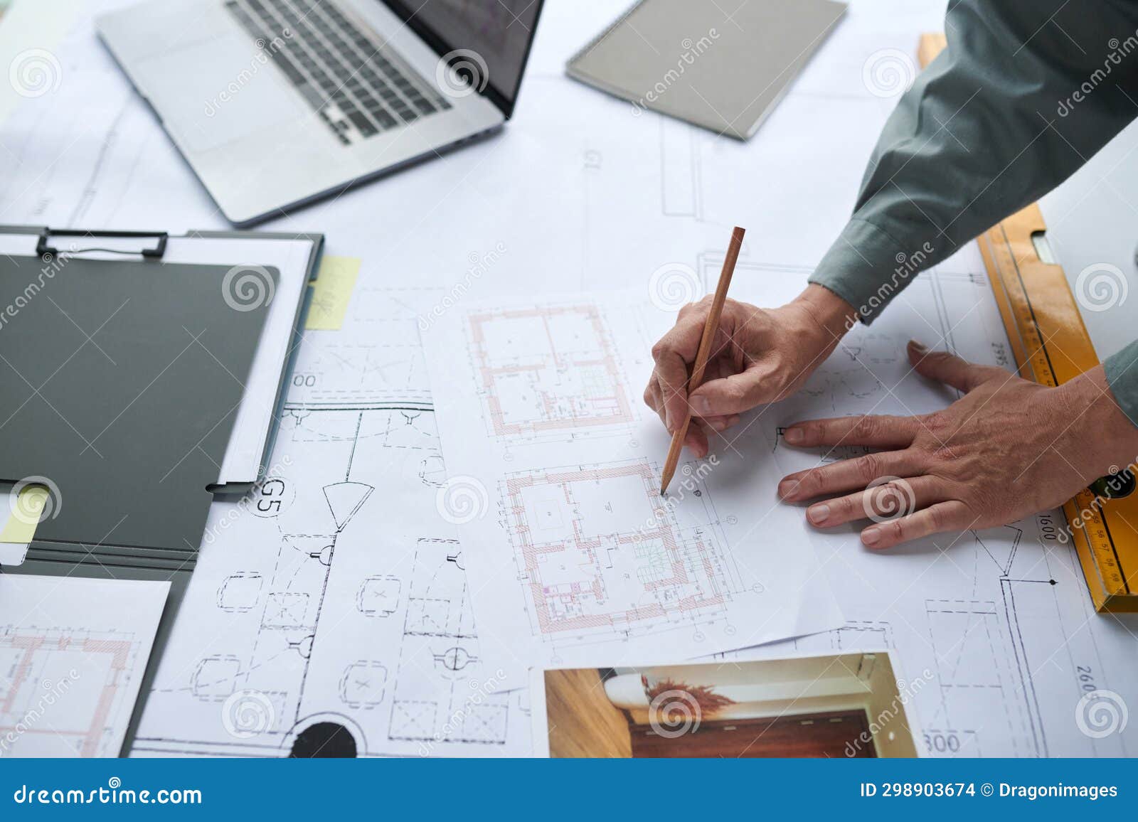 Construction Worker Checking Blueprint Stock Photo - Image of desk ...