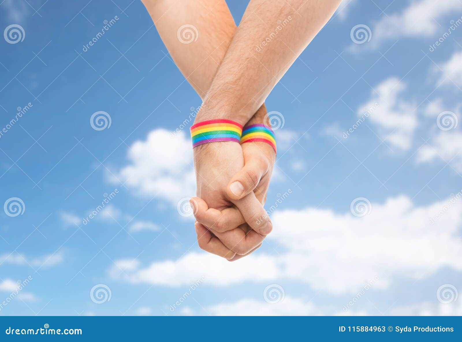 Hands Of Couple With Gay Pride Rainbow Wristbands Stock Image Image