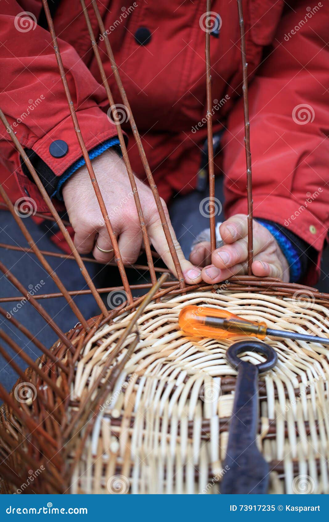 Hands of a Craftsman Working on a Wicker Basket Stock Image - Image of ...
