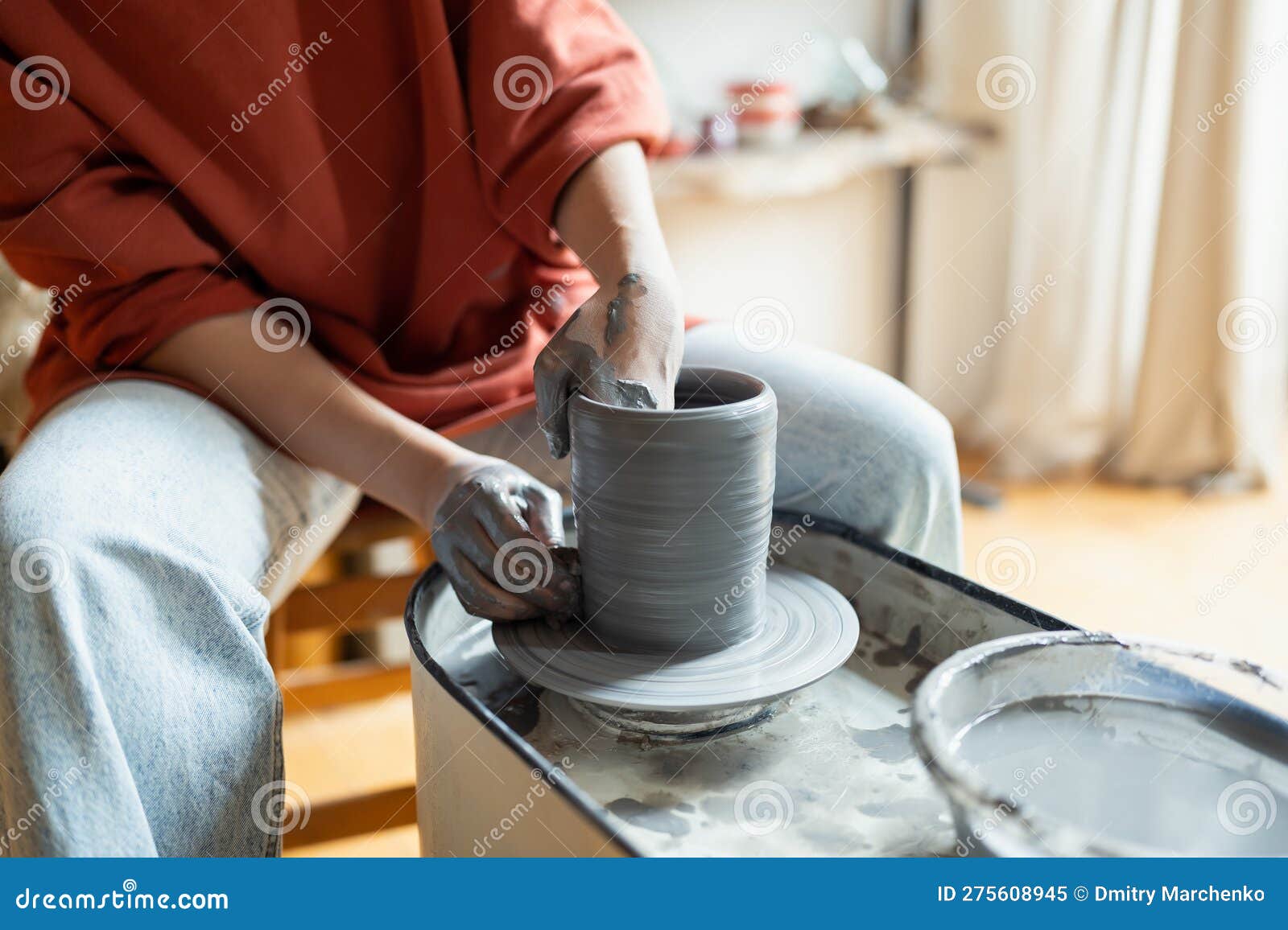Hands of Craftswoman Ceramist Work Sitting in Cozy Workshop Use Potter ...