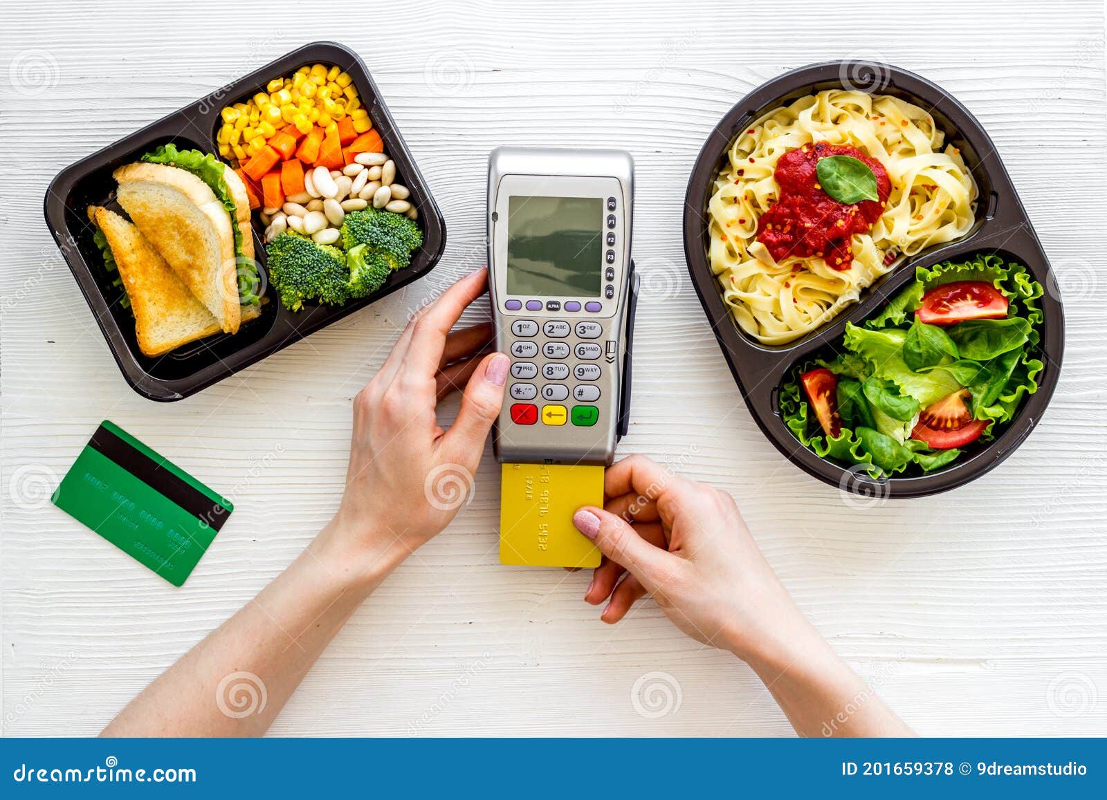 Hands with Credit Card and Payment Terminal. Restaurant Food Delivery ... Hands with Credit Card and Payment Terminal. Restaurant Food Delivery ...