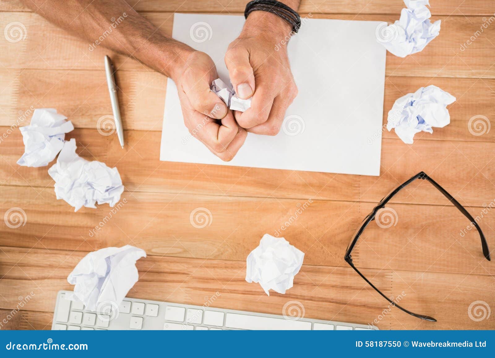 Hands Crumpling Paper on Wooden Desk Stock Photo - Image of bureau ...