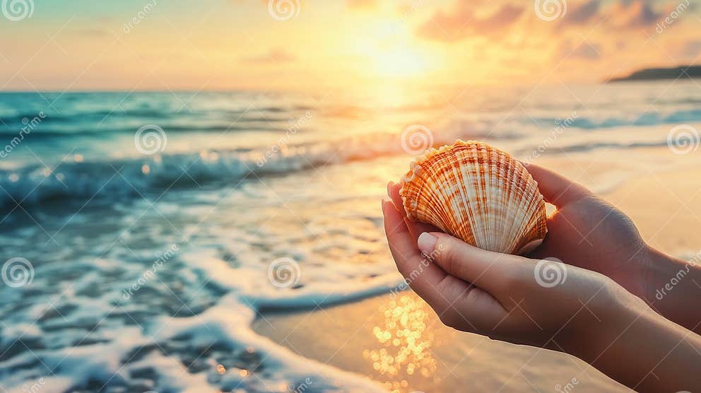 Hands Cupping a Seashell with an Ocean Backdrop, Capturing Mindfulness ...