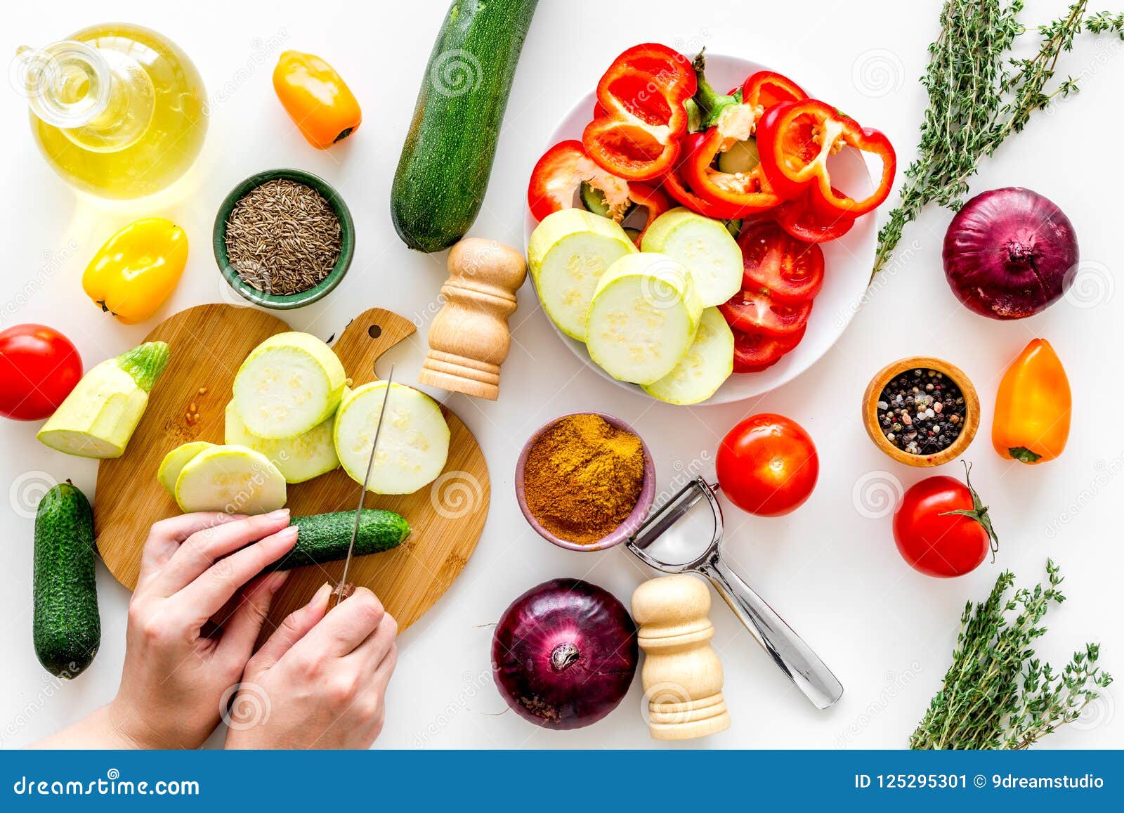 Hands Cut Different Fresh Vegetables on Cutting Board for Cooking ...