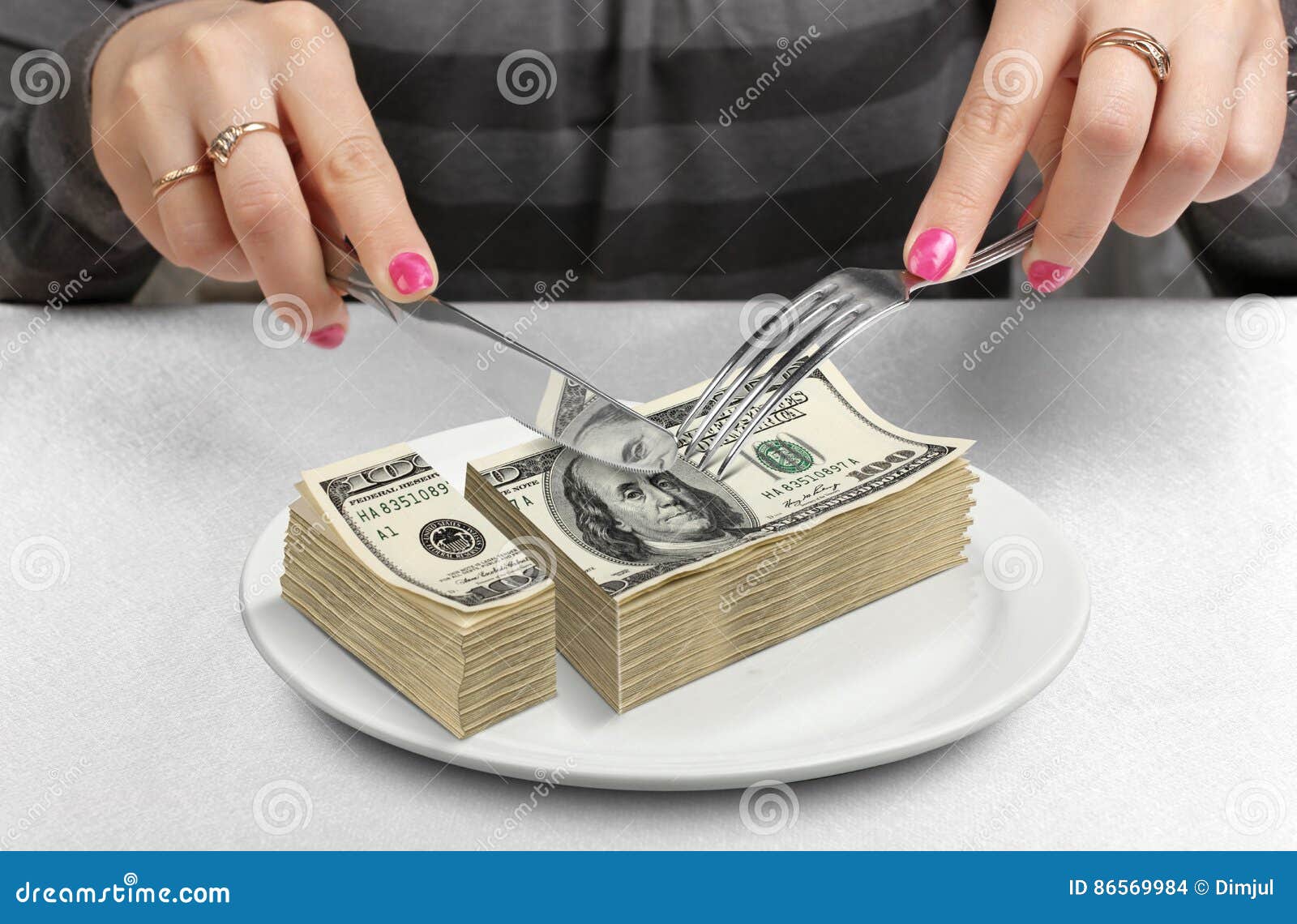 Hands Cut Money on Plate, Reduce Funds Concept Stock Photo - Image of ...