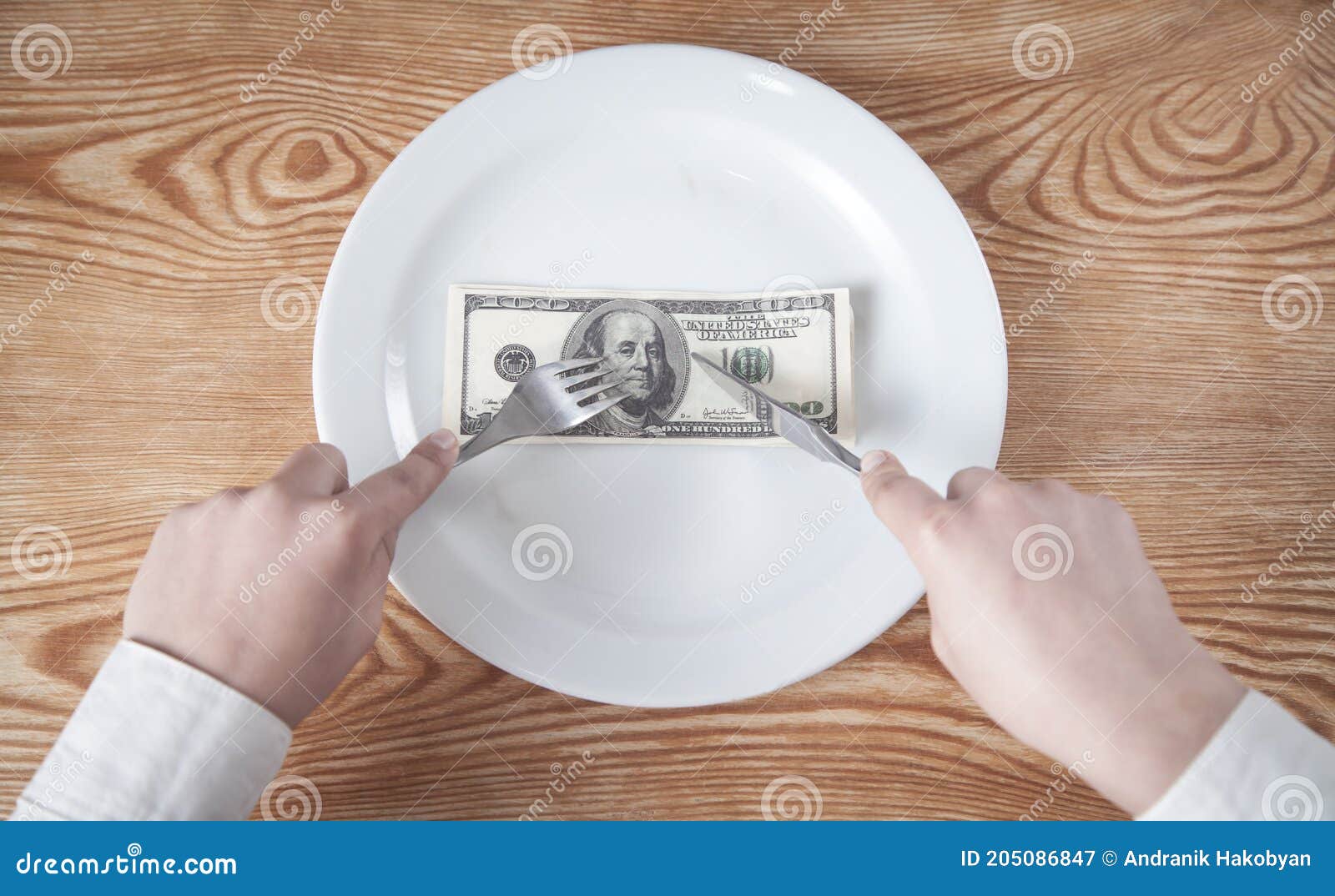 Hands Cutting Dollar Banknote on the Plate Stock Image - Image of fork ...