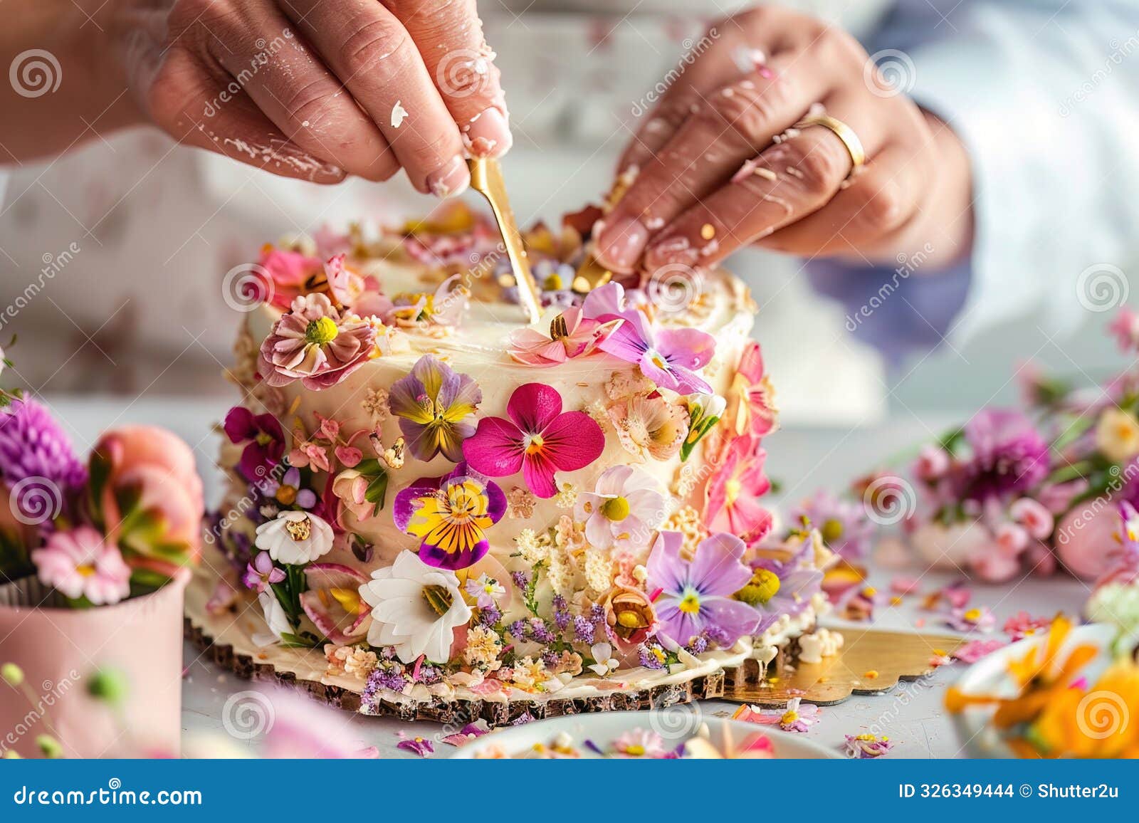 Hands Decorating a Cake with Vibrant Edible Flowers and Gold Leaf ...