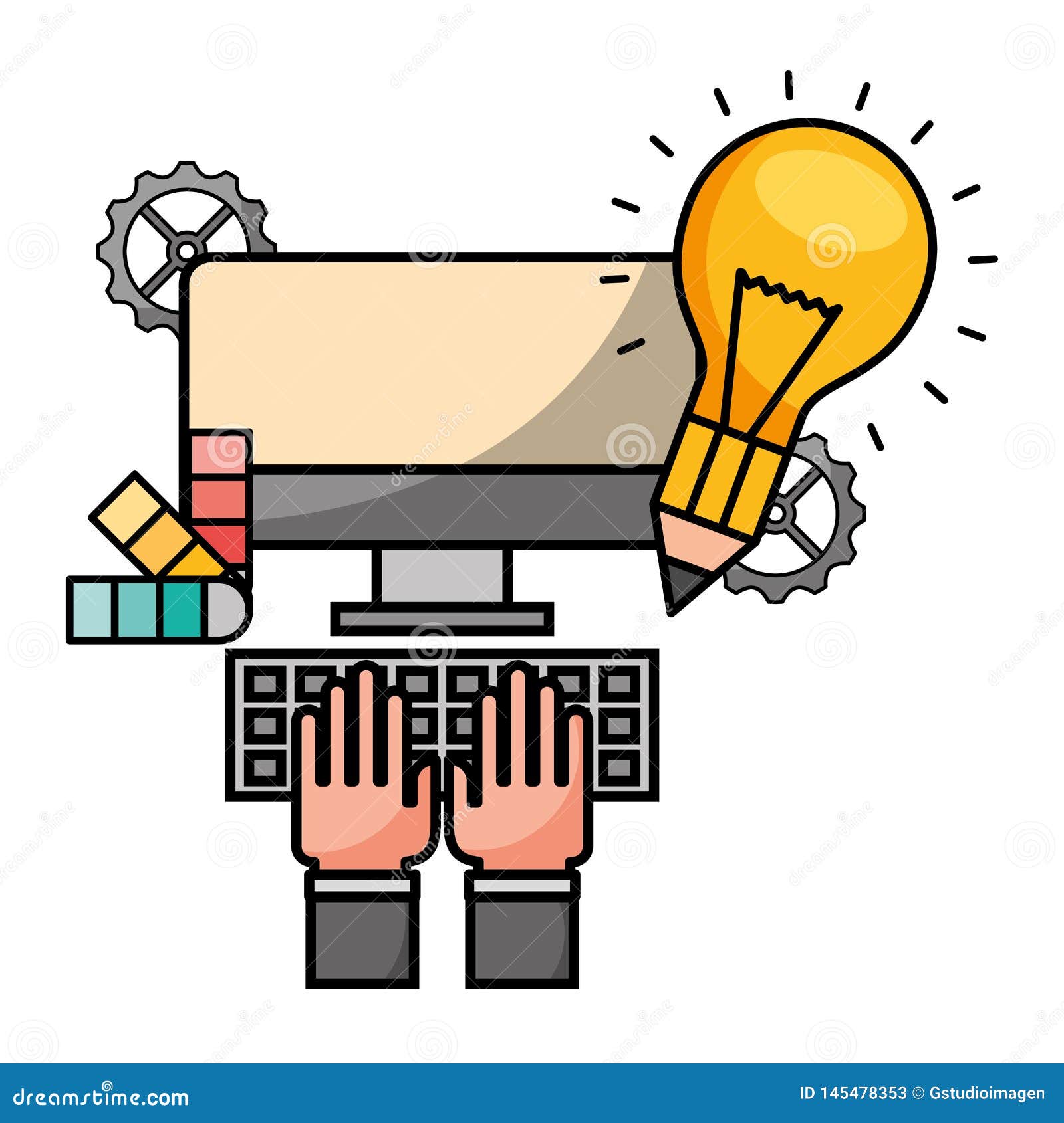 Hands with Desktop Computer and Icons Stock Vector - Illustration of ...