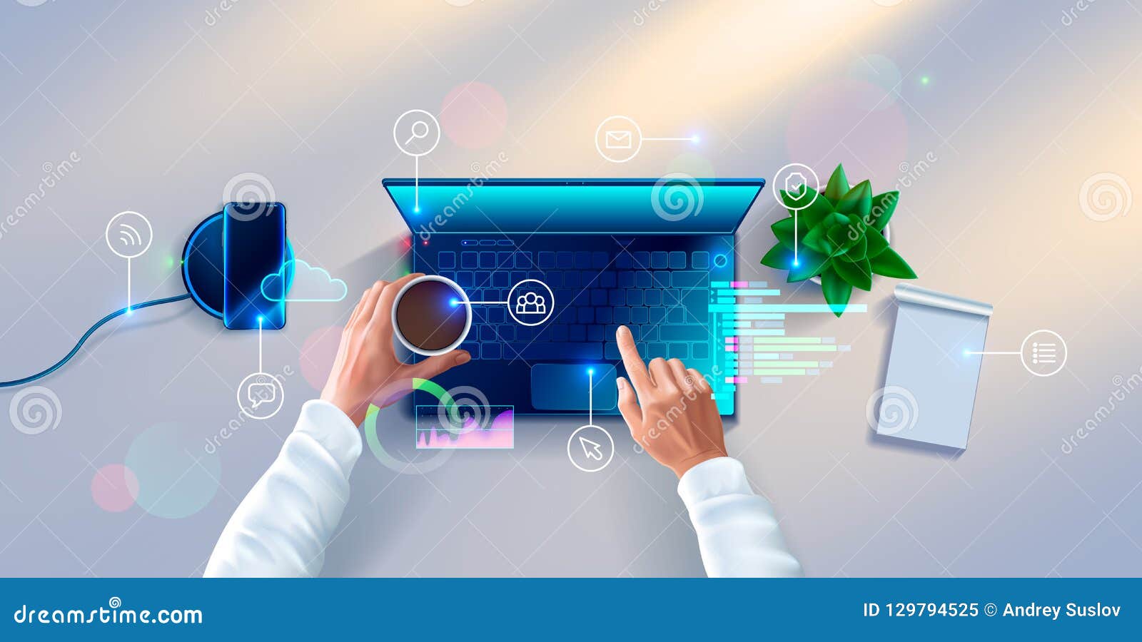 Hands of Developer Working on Keyboard of Laptop Top View. Workplace of ... Hands of Developer Working on Keyboard of Laptop Top View. Workplace of ...