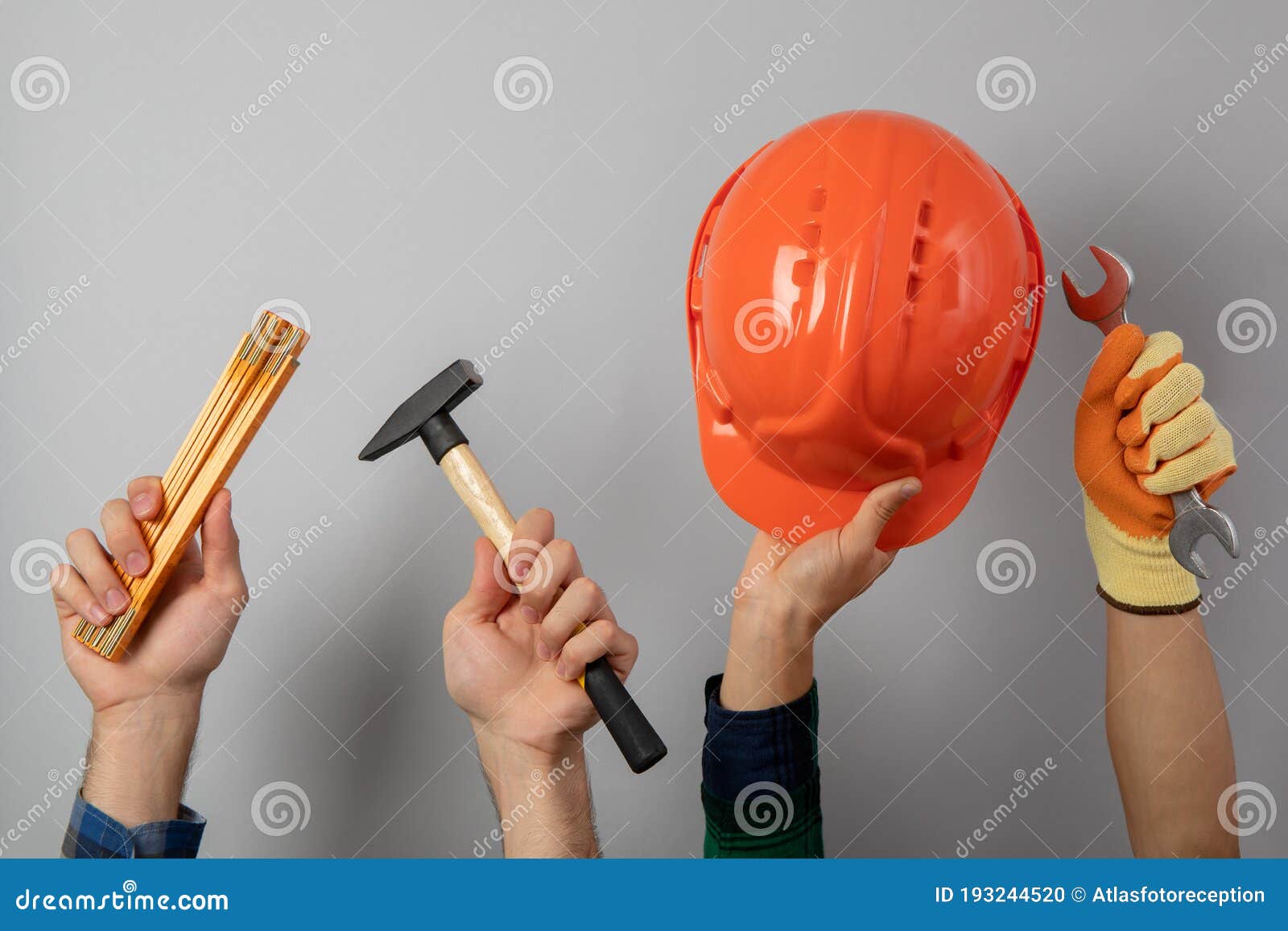 Hands with Different Construction Tools on Background Stock Photo ...
