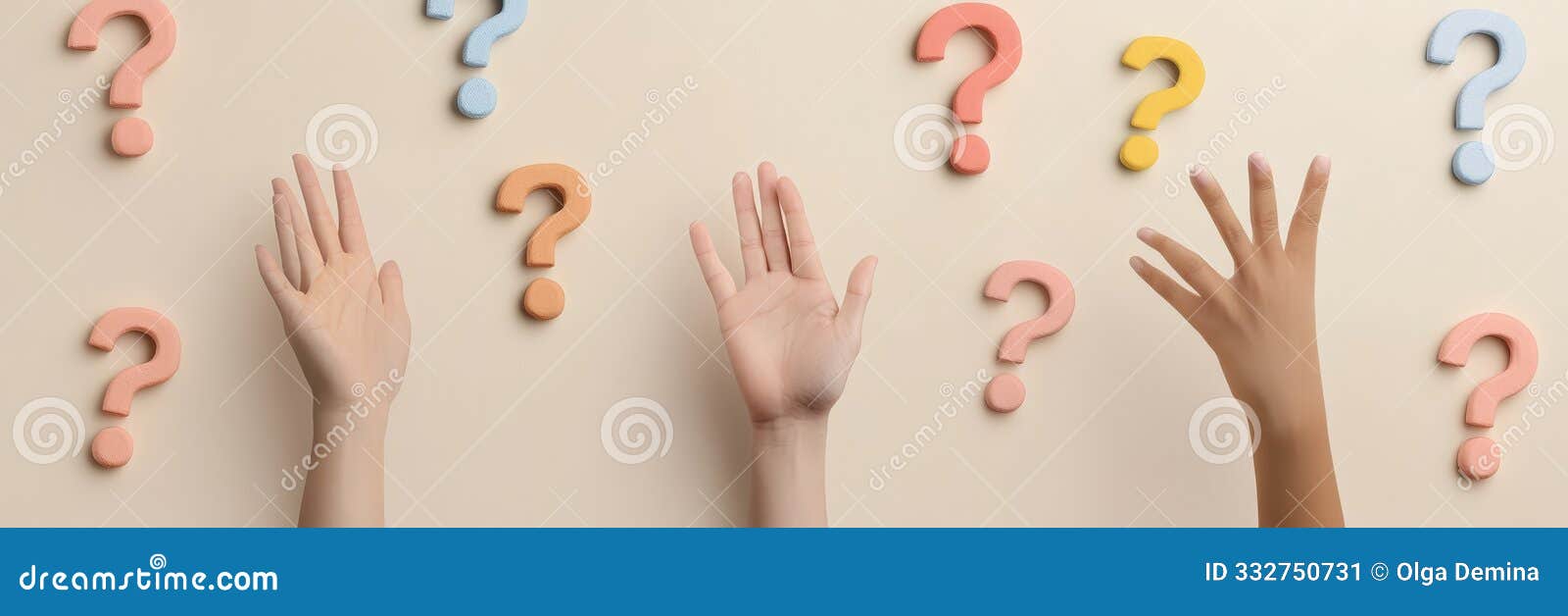 Hands of Different Ethnicities Reaching for Question Marks. Represents ...