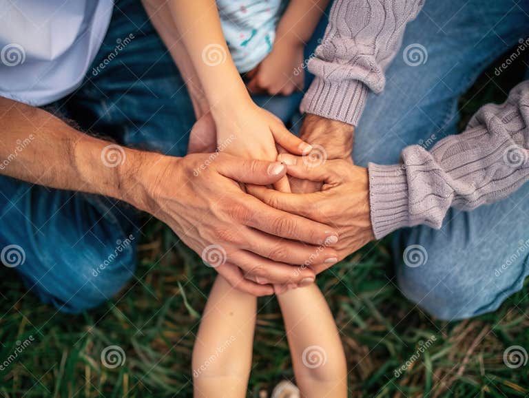 Family Members Placing Their Hands Together on a Wooden Surface during ...