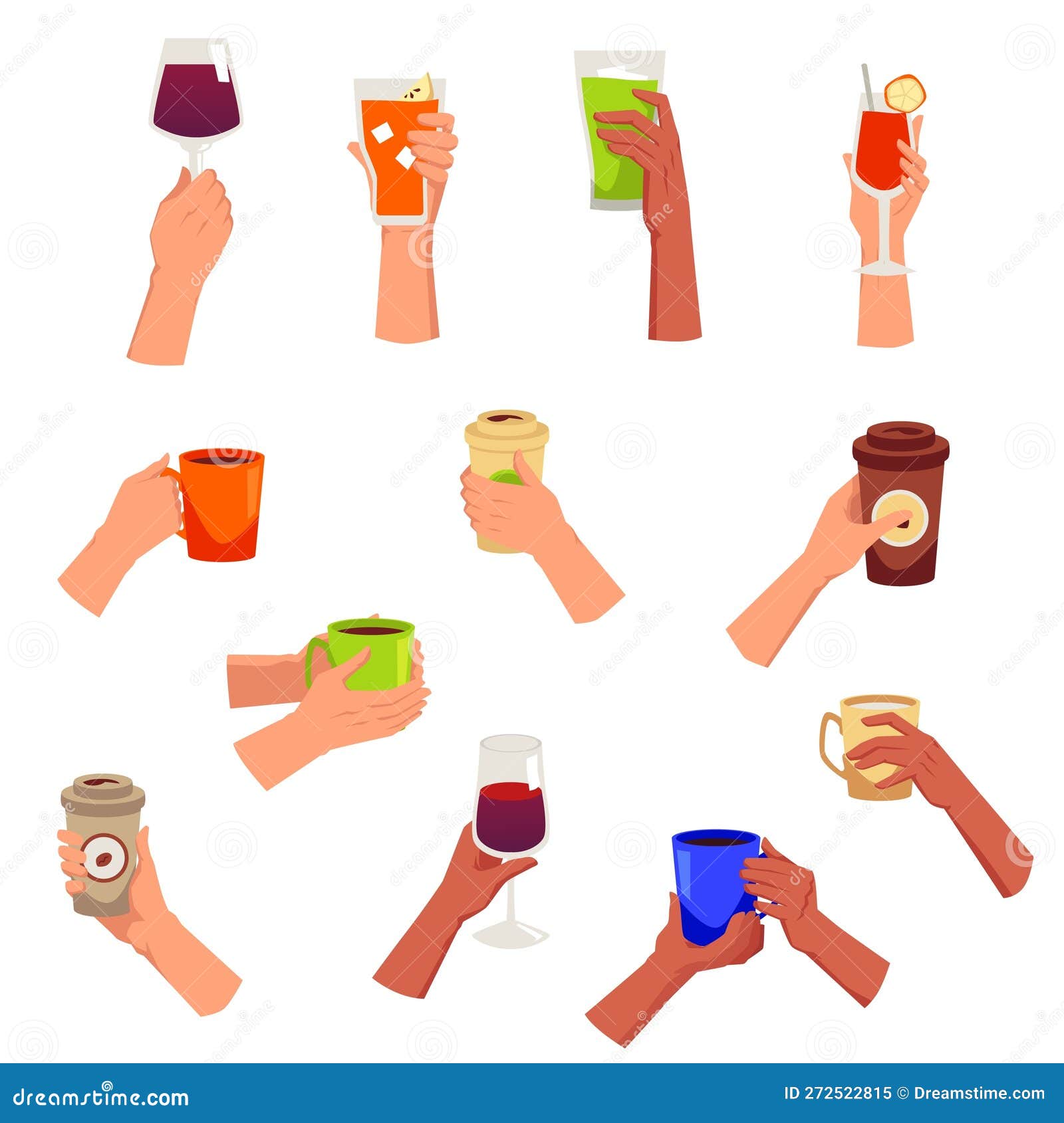 Hands with Different Hot, Alcoholic and Refreshing Drinks, Flat Vector ...