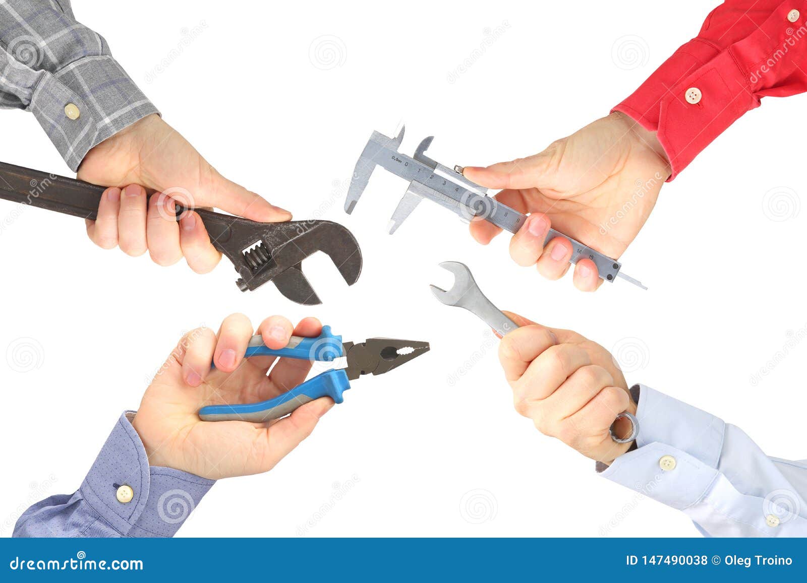 Hands with Different Working Tools on White Background Stock Photo ...