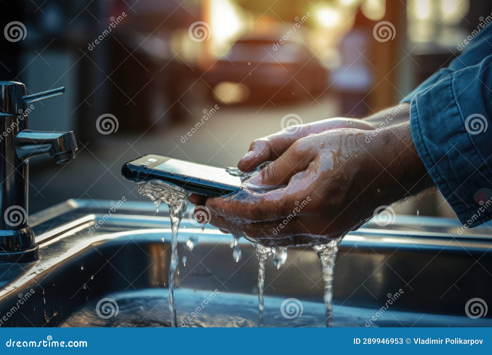 Hands Dip the Phone in the Water Stock Illustration - Illustration of ...