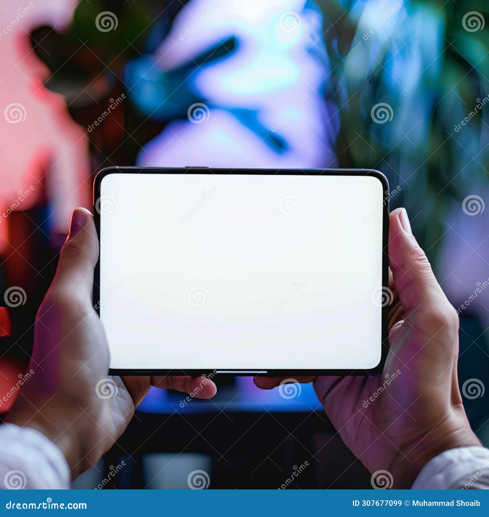Hands Display Horizontal White Screen on Mobile Device Mockup Stock ...