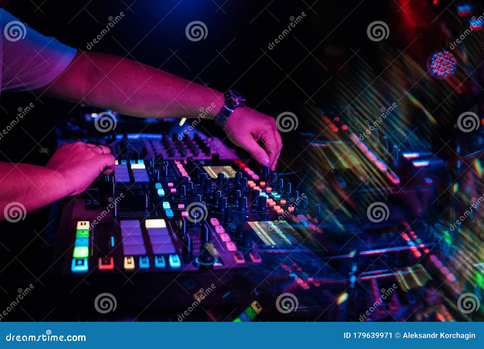 Hands DJ Mixing and Playing Music on a Professional Controller Stock ...