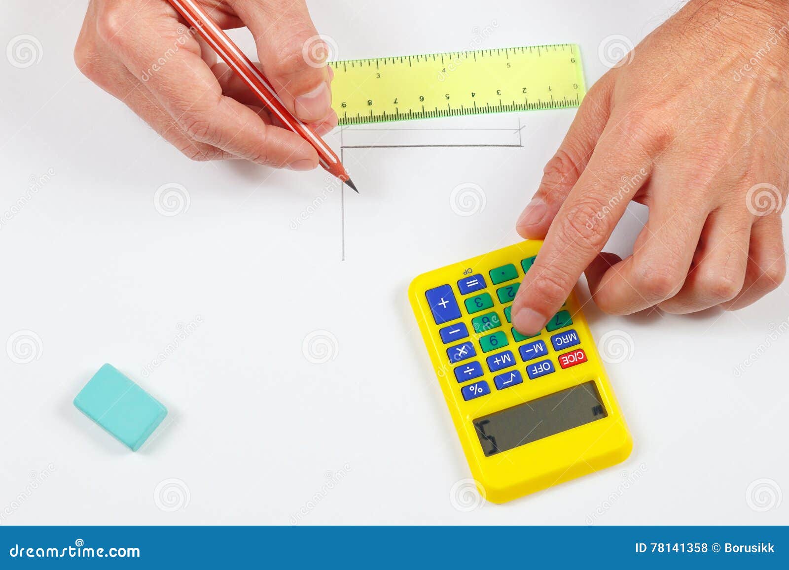 Hands Draw With A Pencil And Ruler On White Sheet Of Paper Royalty-Free ...
