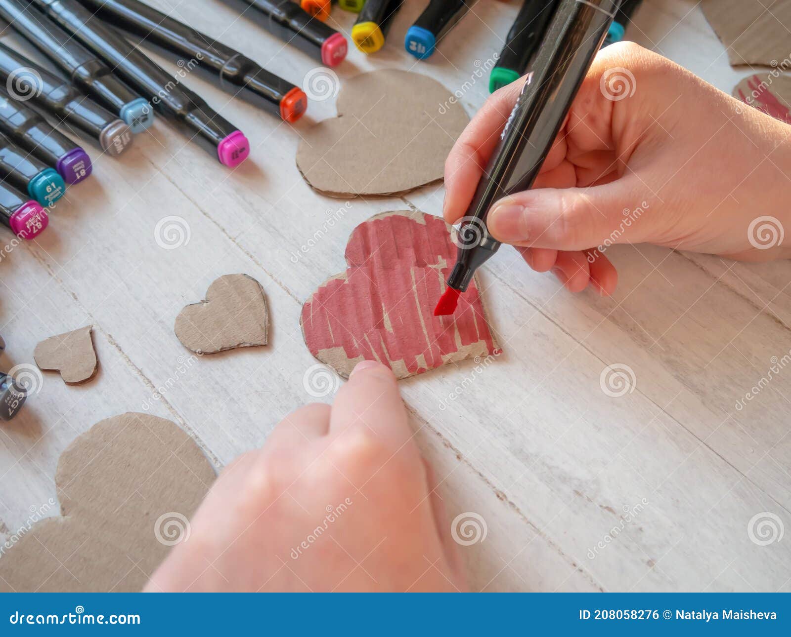 Hands Draw a Red Heart with Markers Stock Photo - Image of marker ...