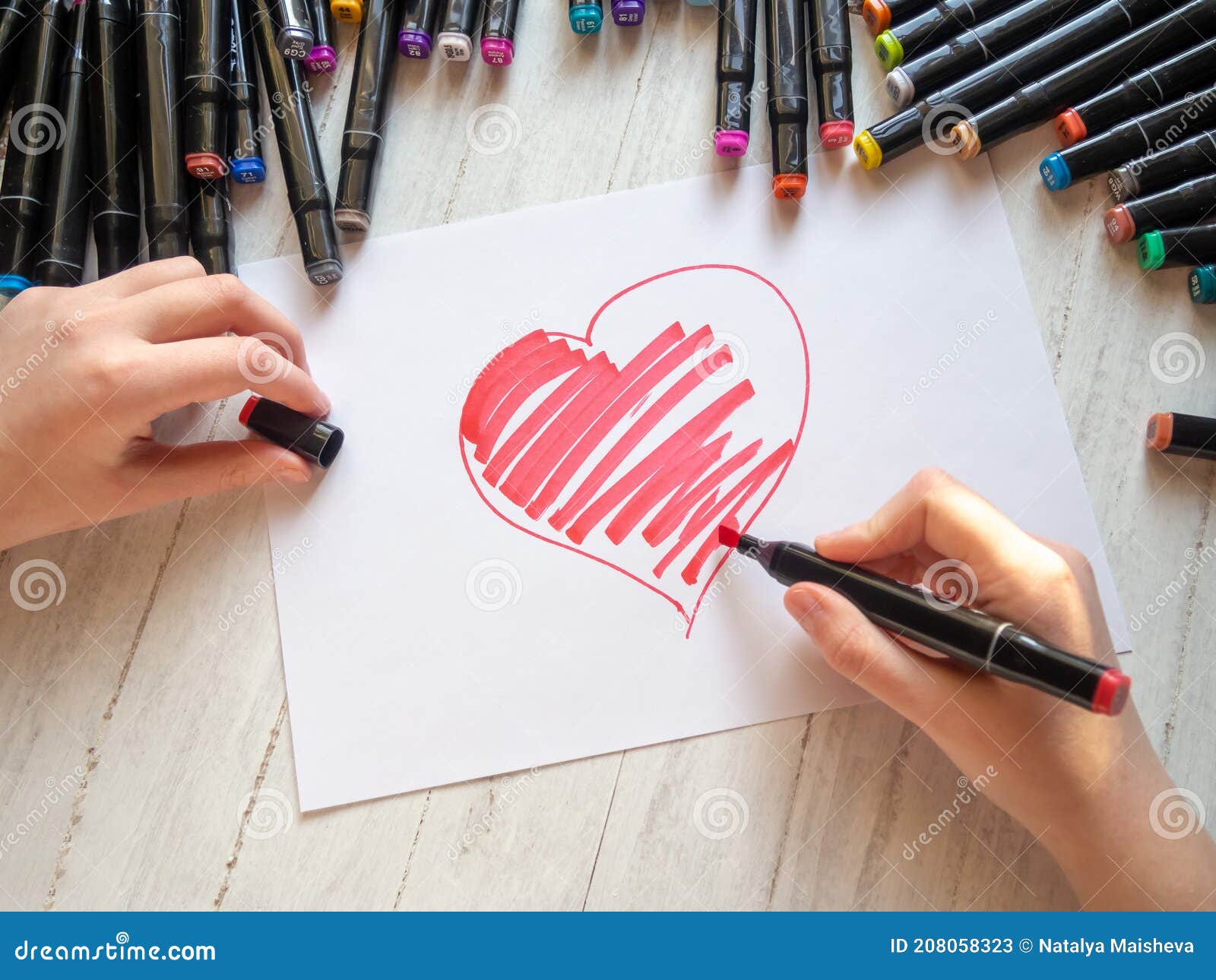 Hands Draw a Red Heart with Markers Stock Image - Image of love, marker ...