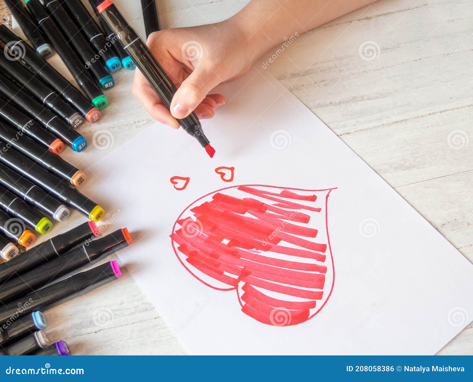Hands Draw a Red Heart with Markers Stock Photo - Image of sign ...
