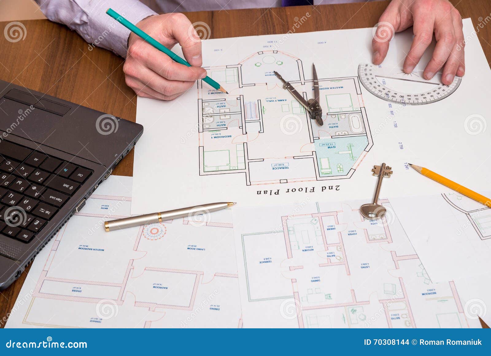 Hands Drawing with Architecture with Measuring Instruments and Laptop ...