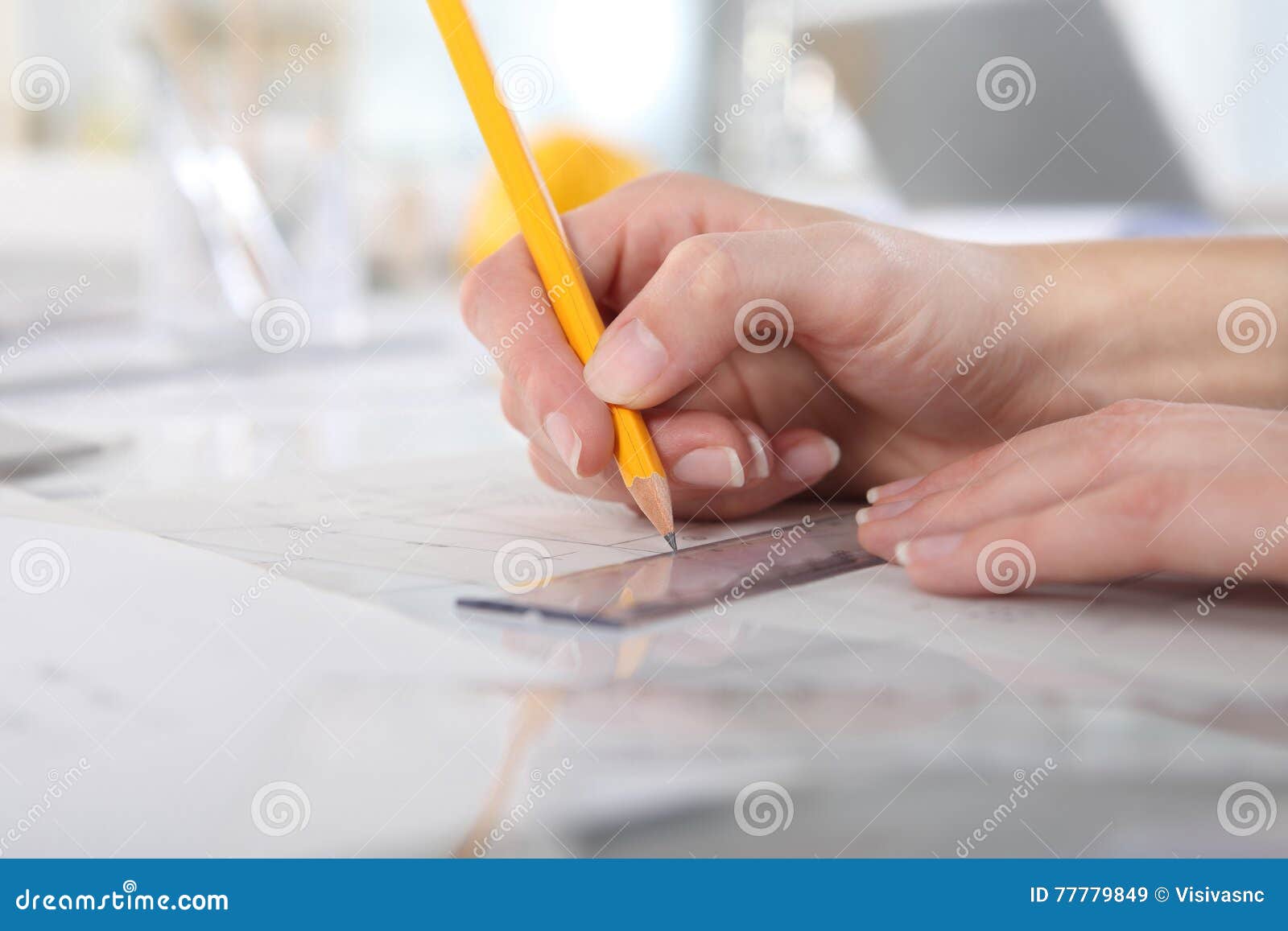 Hands Drawing with Pencil and Ruler, Close Up Stock Image - Image of ...
