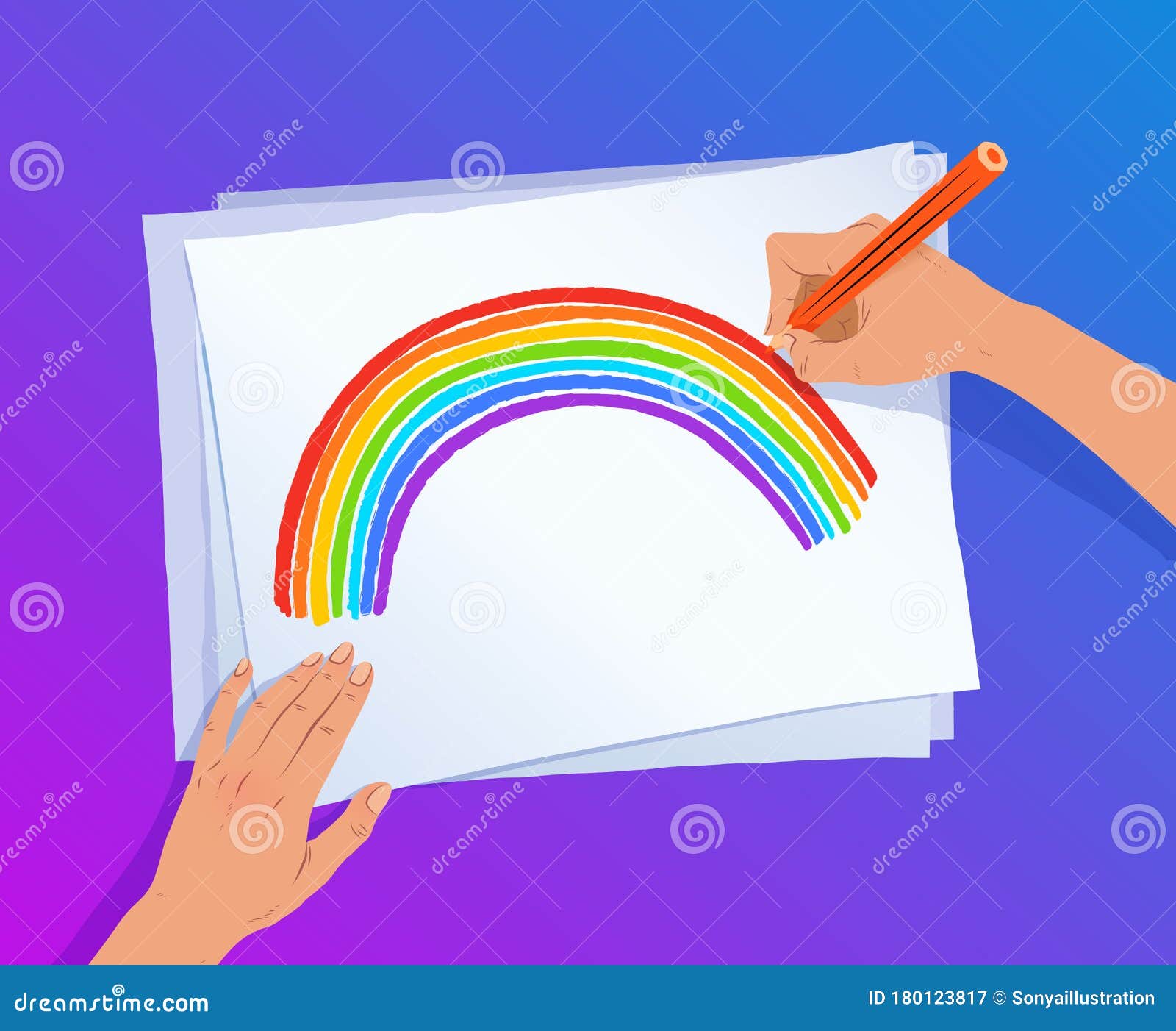 Hands drawing rainbow arc stock vector. Illustration of background ...