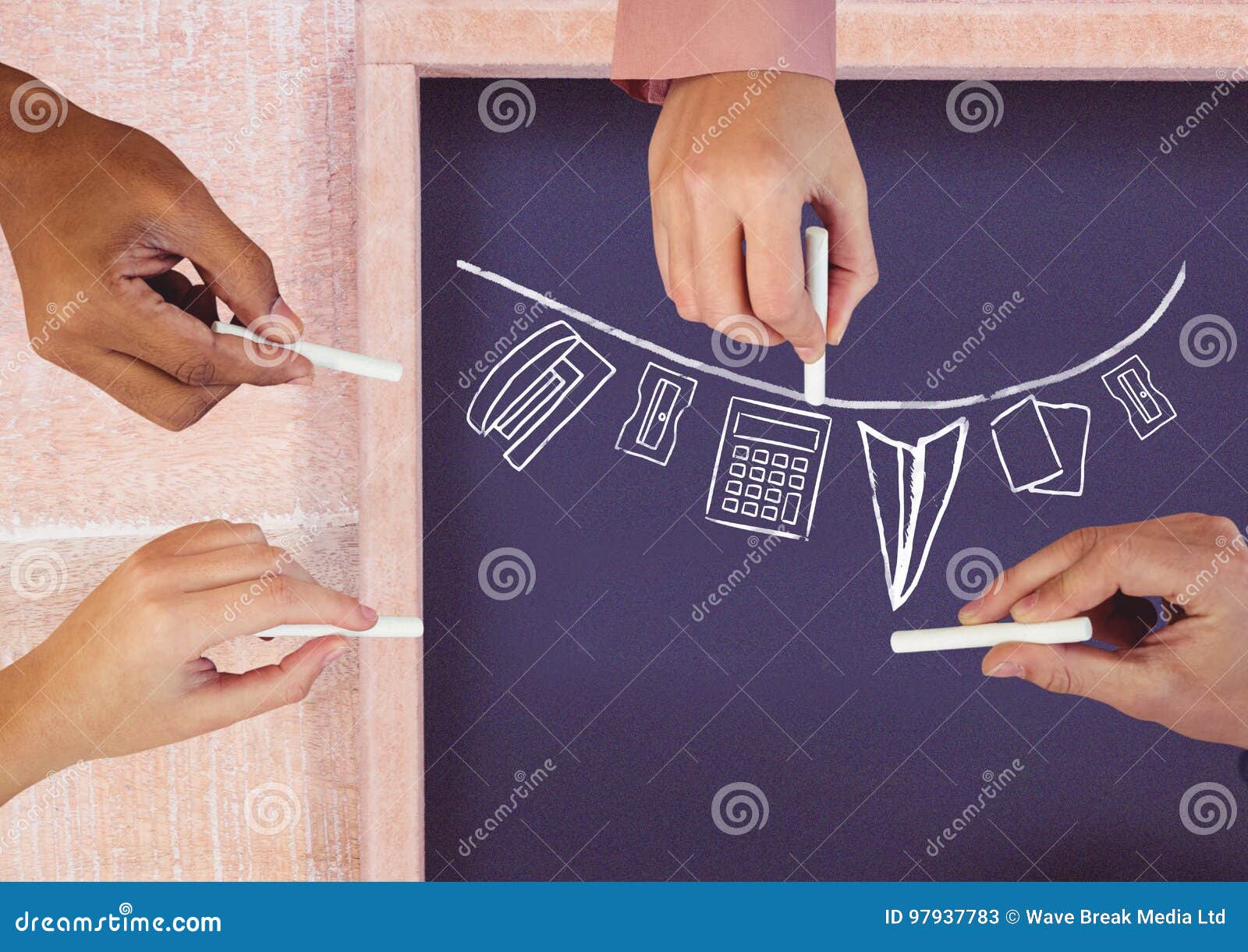 Hands Drawing Stationery on Blackboard Stock Illustration ...