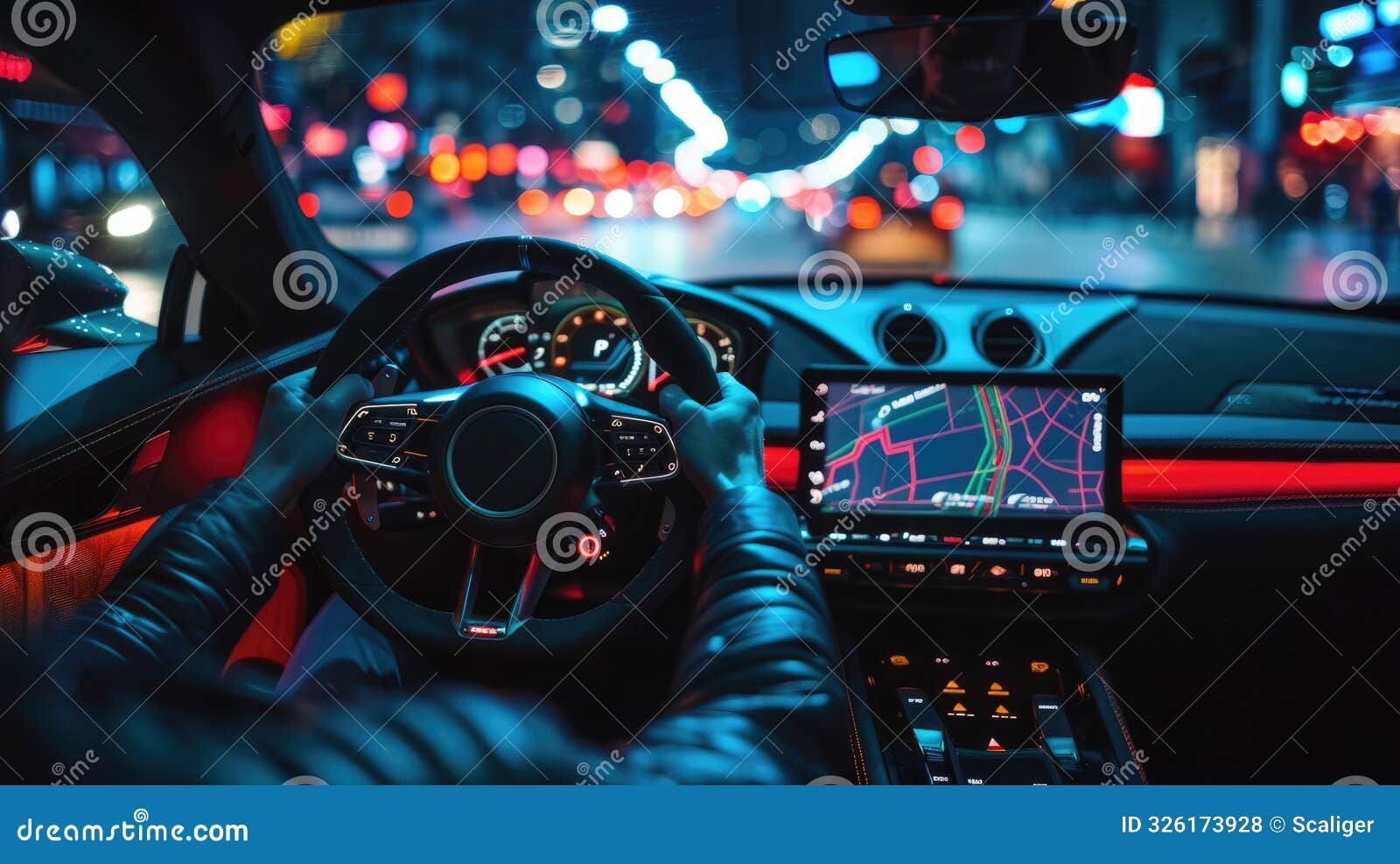 Hands of Driver Holding Wheel at Nigh, Windshield and Dashboard View ...