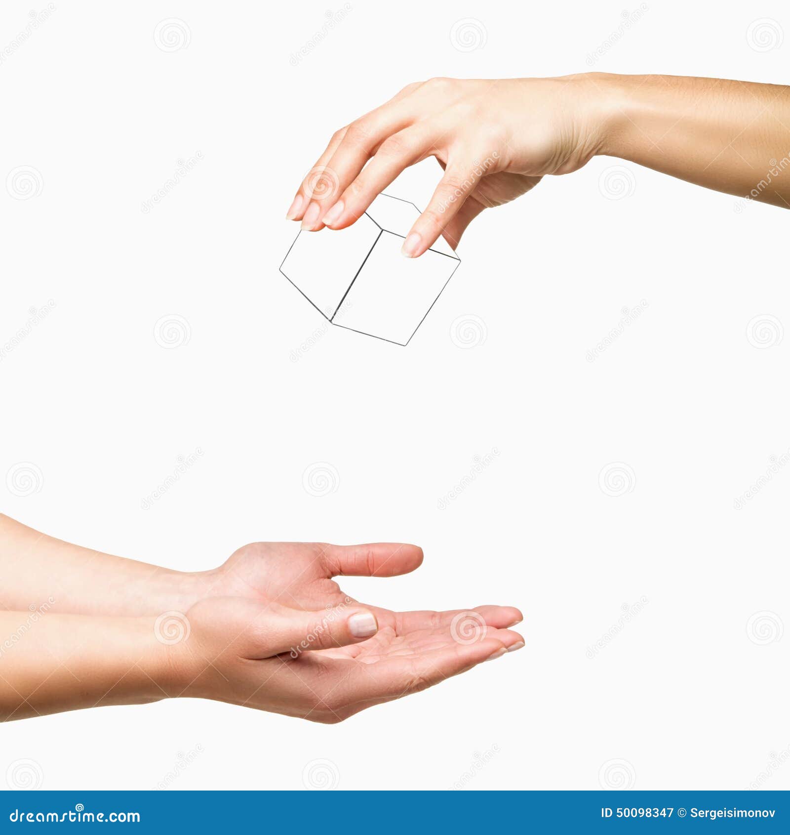 Hands Dropping White Cube on White Background Stock Image - Image of ...