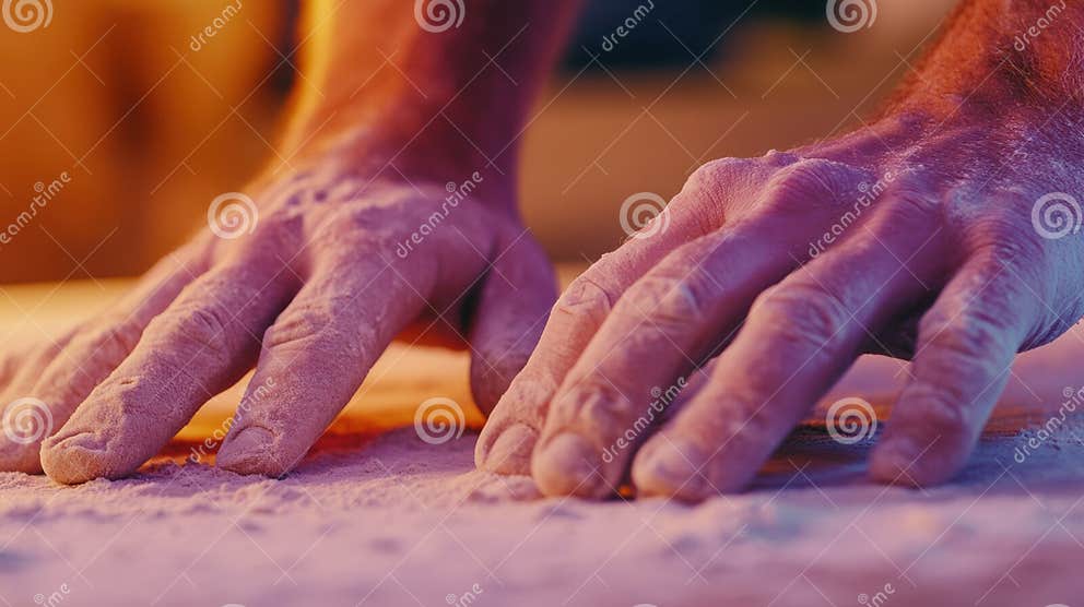 Hands Dusted with Flour Knead Dough on a Wooden Surface, Bathed in Warm ...