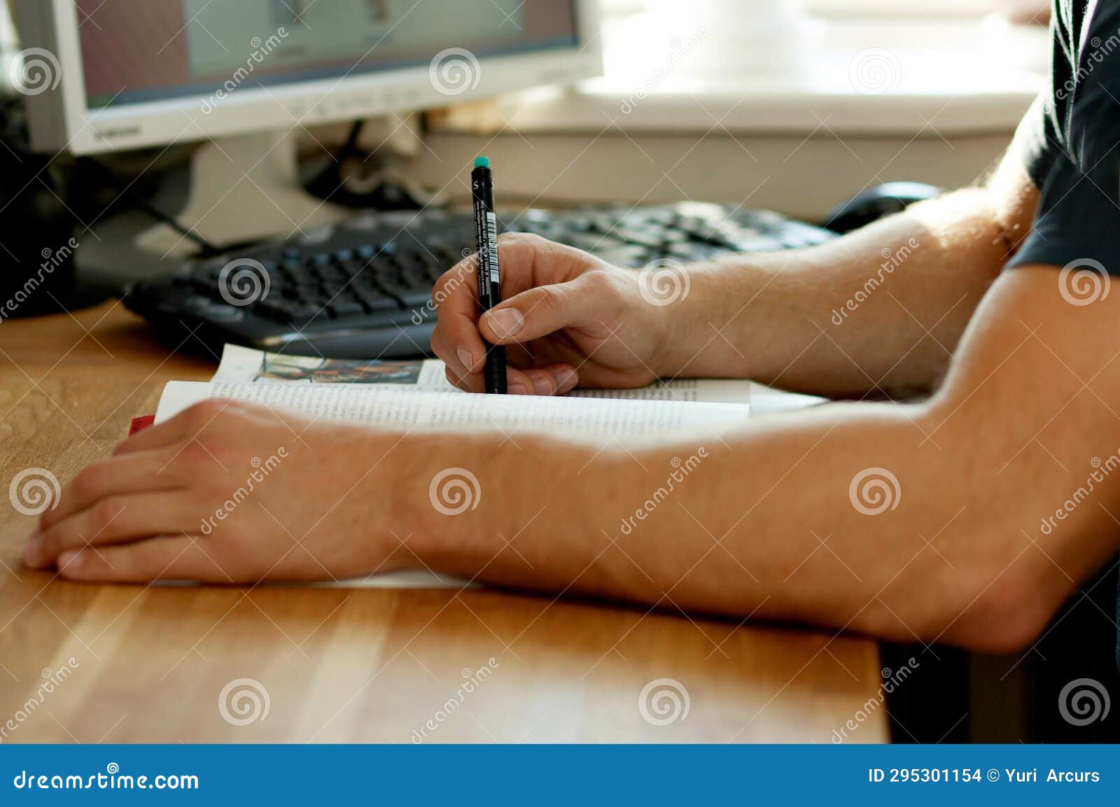 Hands, Education and a Pen for Homework with a Person at a Desk in ...
