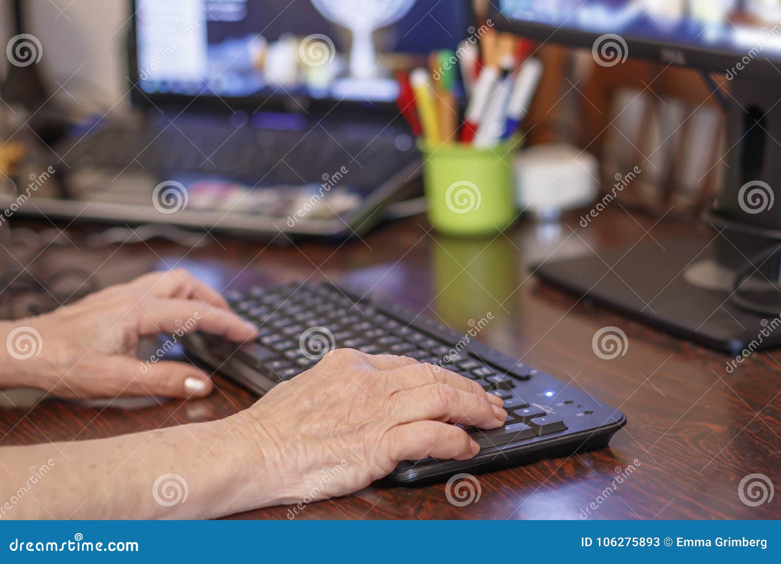 Hands of an Elderly Woman Typing on a Pc Keyboard Stock Image - Image ...