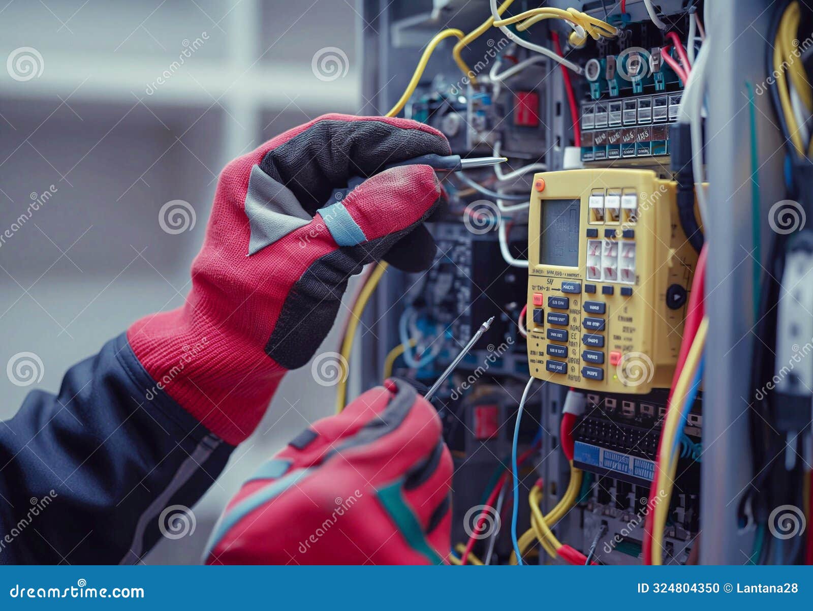 Hands of an Electrician in Protective Work Gloves, Close-up. Repair and ...
