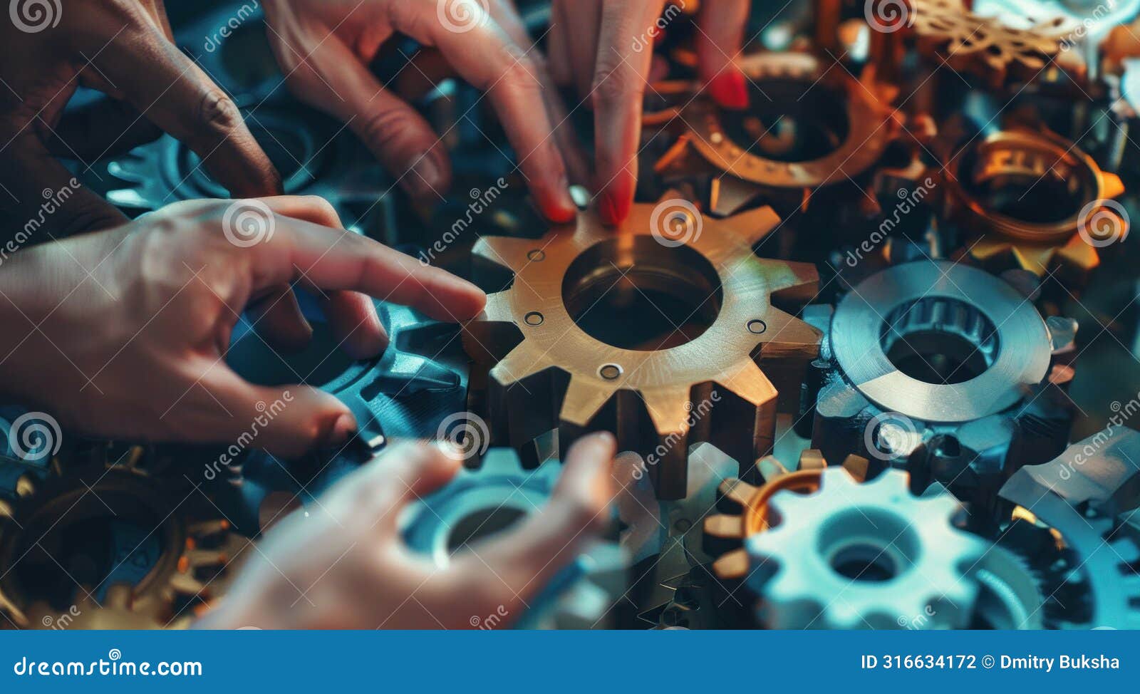 Hands Engaged in Turning Interconnected Gears, Symbolizing ...